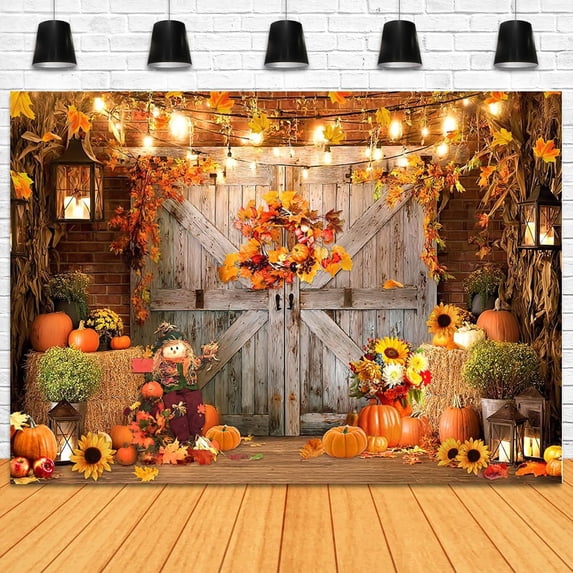 Fall Farm Barn Backdrop Rustic Wooden Door Autumn Maple Leaves Pumpkins ...