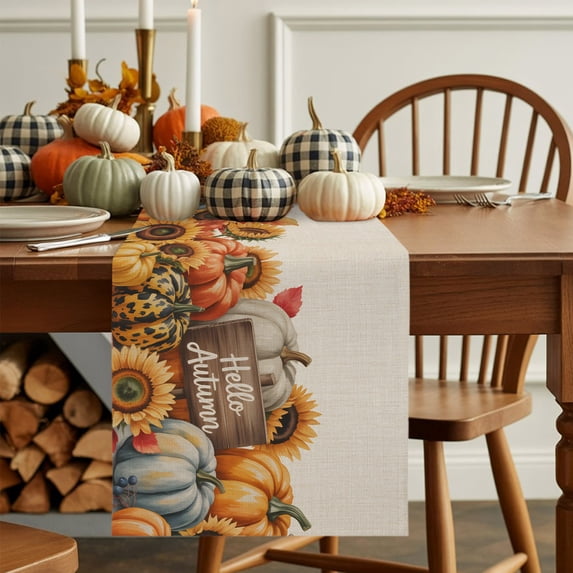 Fall Farmhouse Pumpkin Flower on Linen Table Runner 13x90in Non-Slip ...
