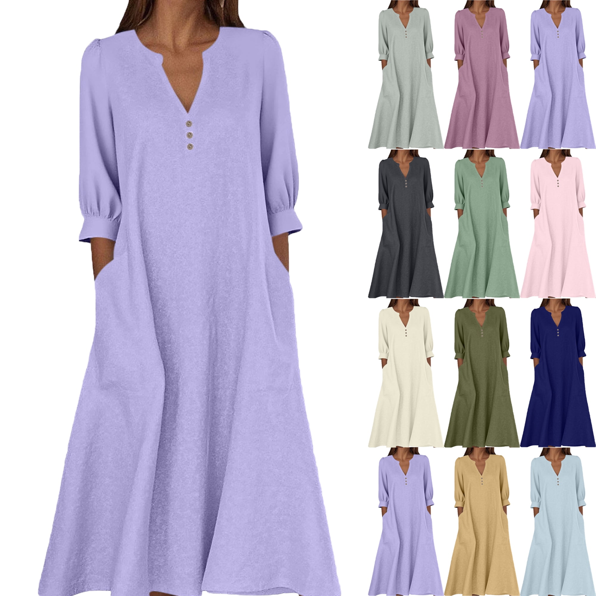 Lenago Maxi Dresses for Women Casual Solid Color Dress with Long ...