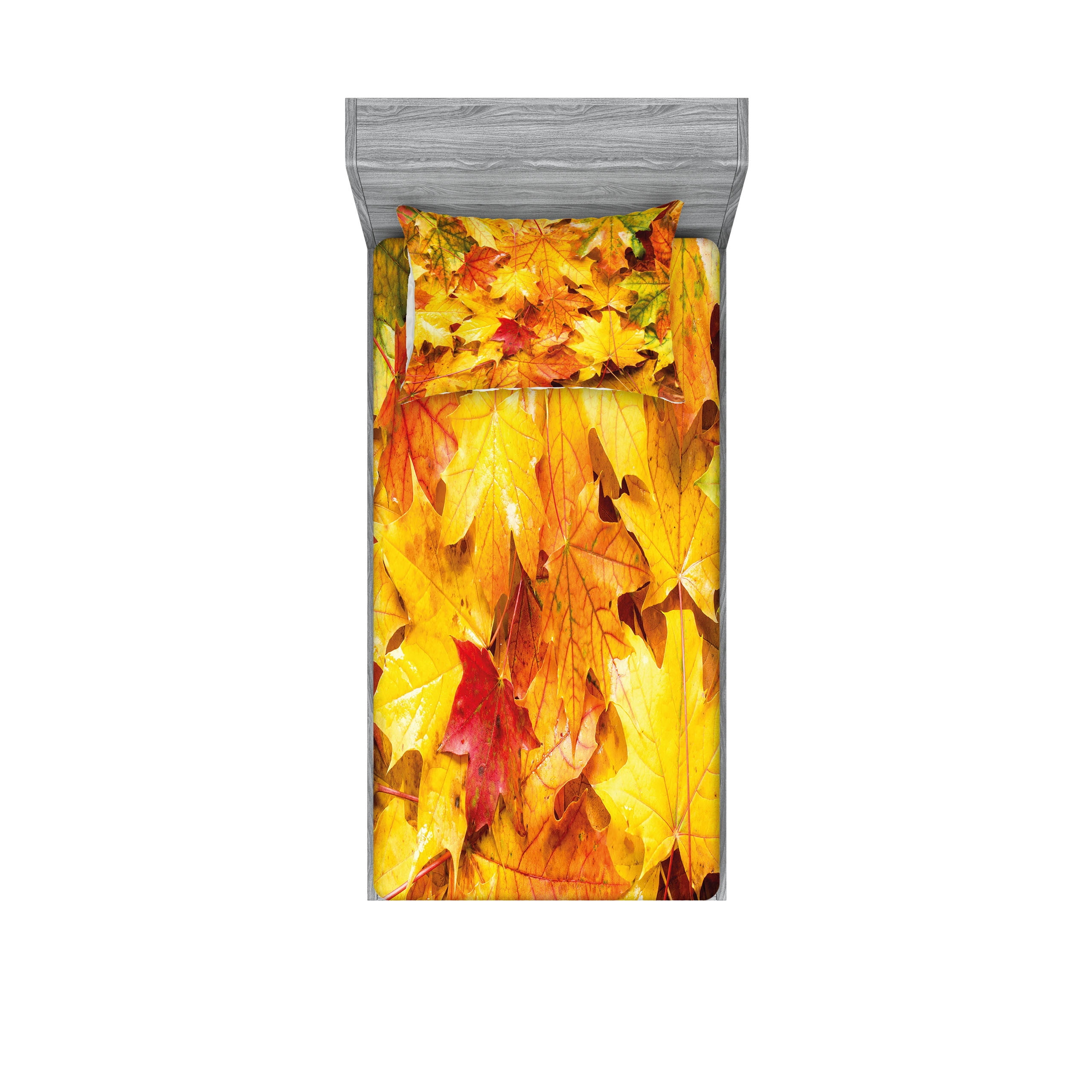 Fall Fitted Sheet & Pillow Sham Set, Wet Fall Leaves in Rainy Weather ...