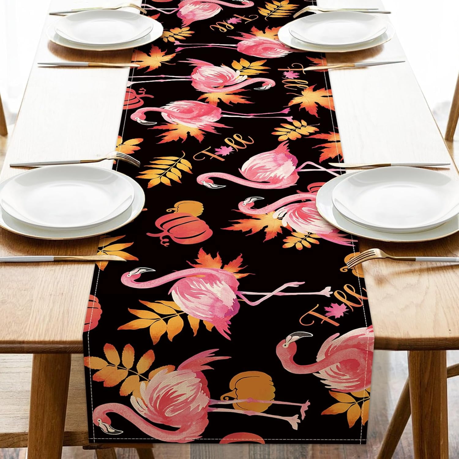 Fall Flamingo Table Runner, Autumn Maple Leaves Pumpkin Black Kitchen ...