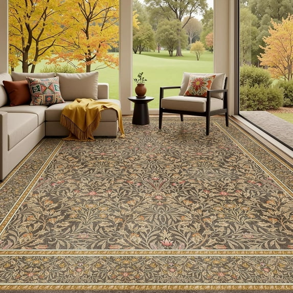 Fall Floral Area Rug 8x10, Gold Brown Washable Living Room Rugs ...