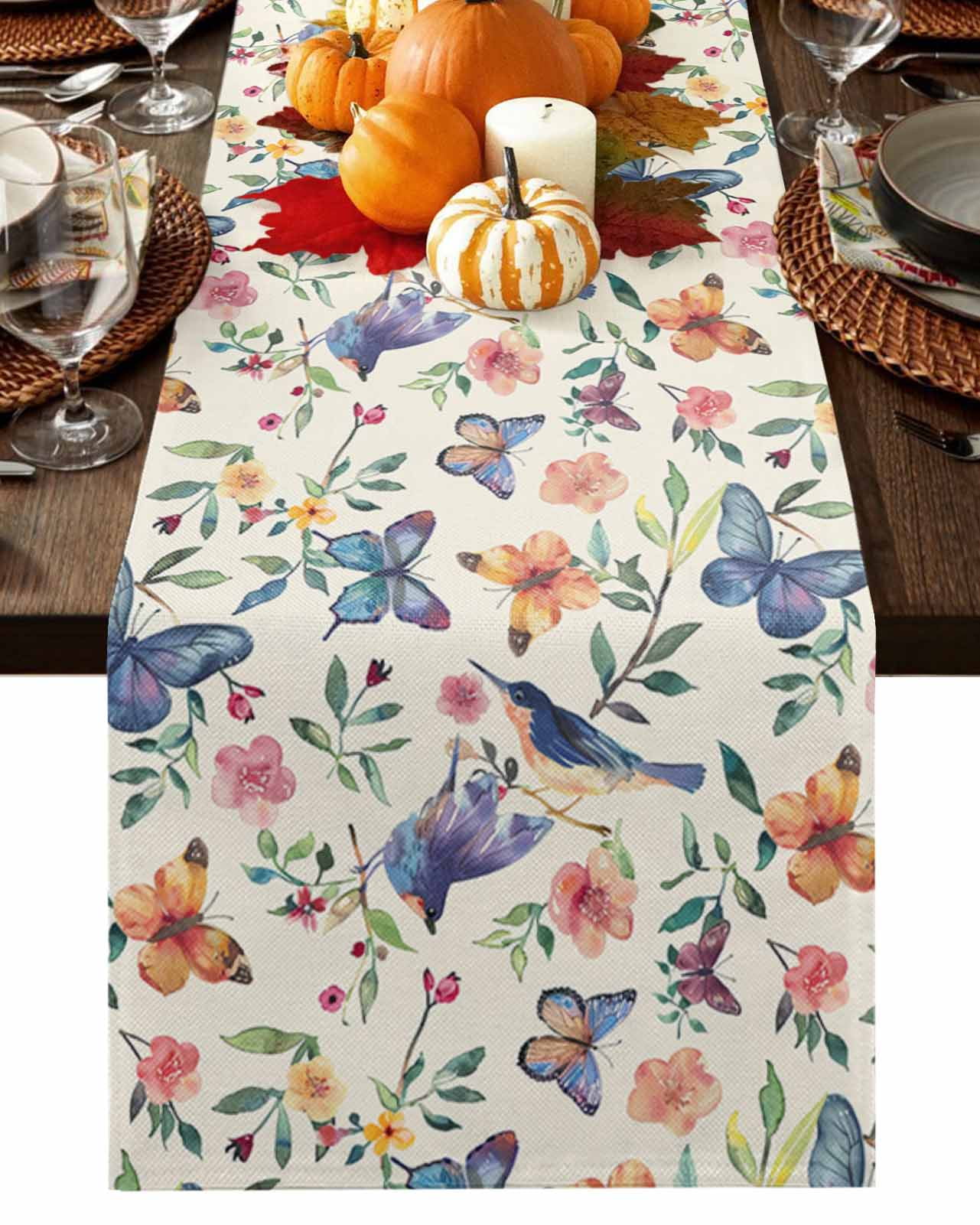 Fall Floral Birds Table Runner-Cotton Linen- 120 Inch Holiday Dresser ...