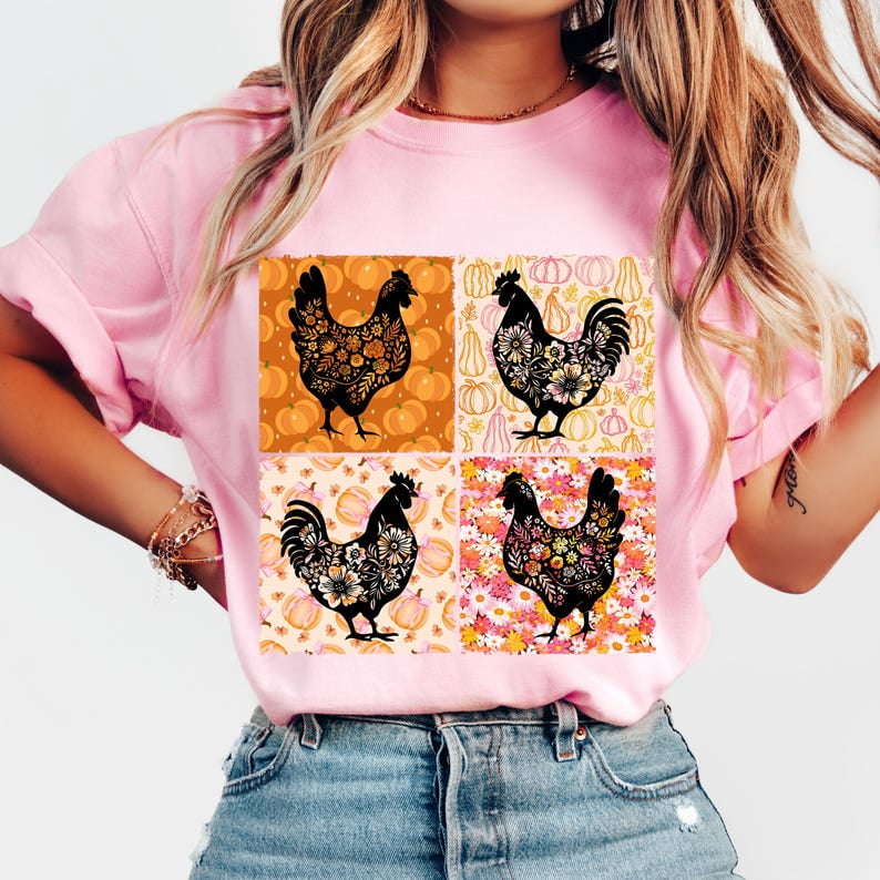 Fall Floral Chicken T-Shirt, Girly Pink Pumpkin Autumn Shirt, Farmhouse ...