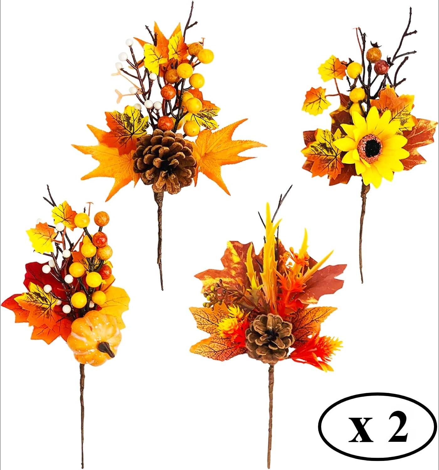 Fall Floral Picks, 9” Autumn Pumpkin Berry Picks Maple Leaves Stems ...