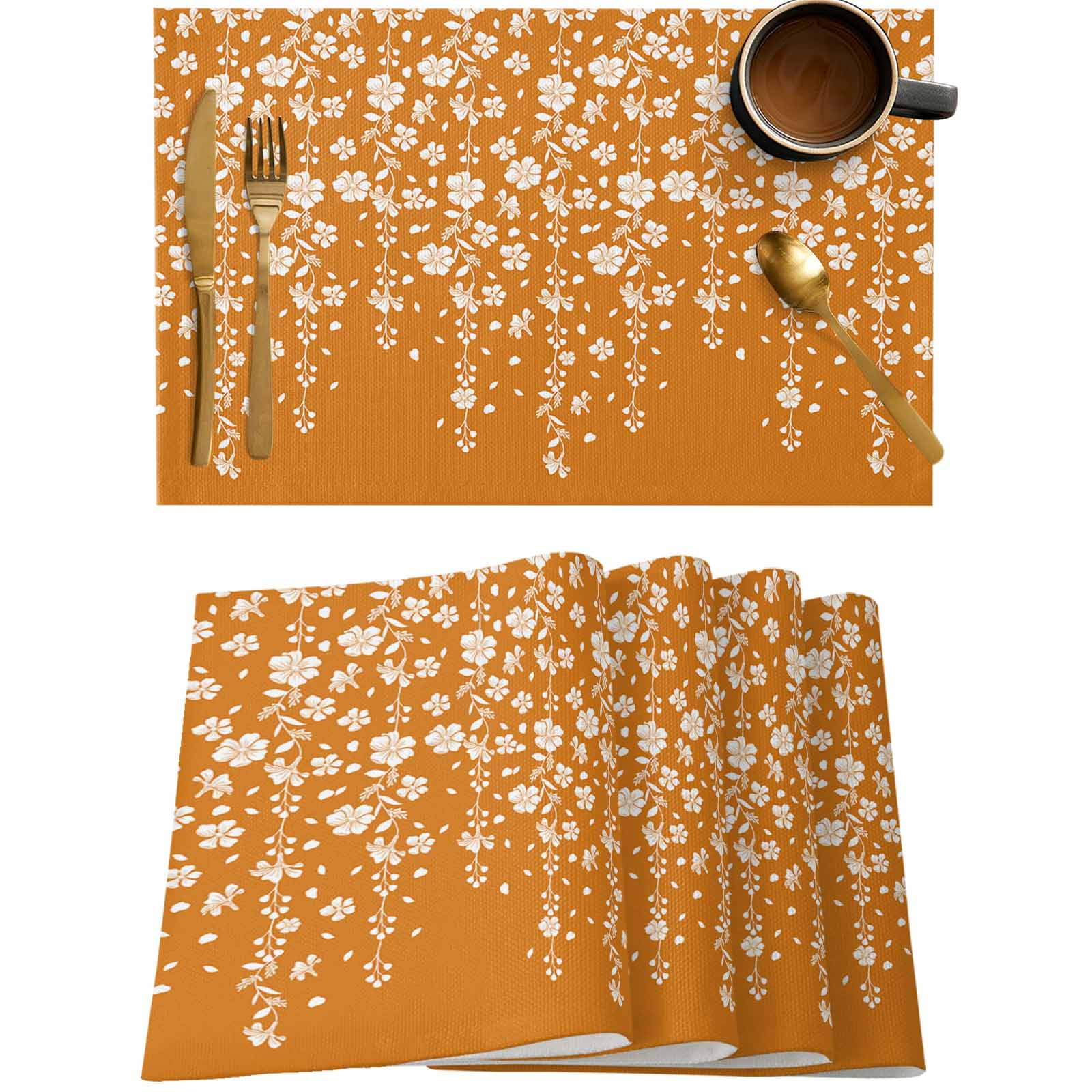 Fall Flower Leaves Vines on Orange Placemats Set of 4,Wipeable Washable ...