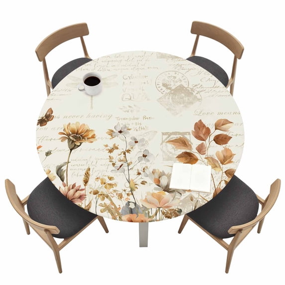 Fall Flower Round Fitted Tablecloth with Elastic Edge Butterfly ...