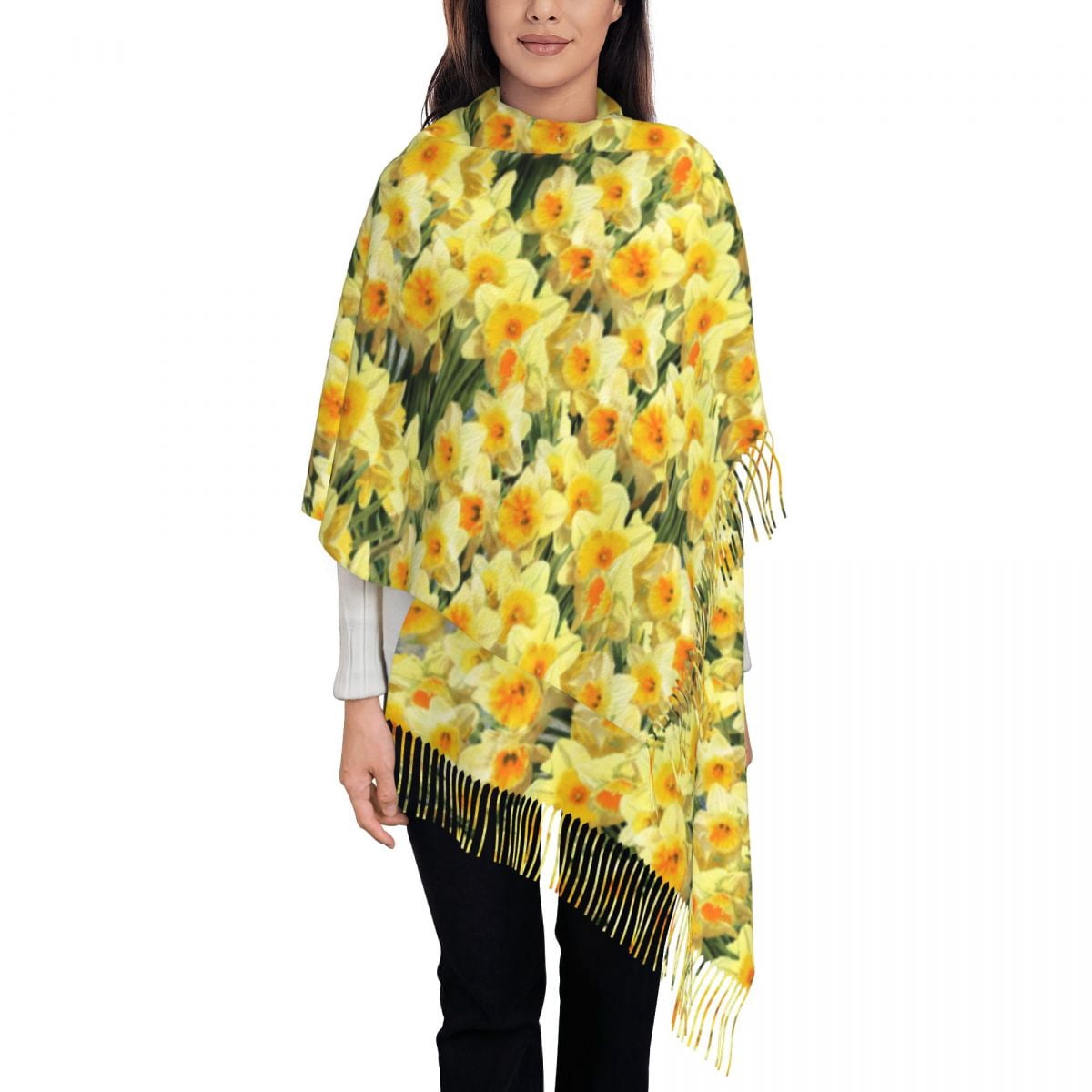 Fall Flower Scarf with Tassel Colorful Print Outdoor Shawl Wraps Women ...