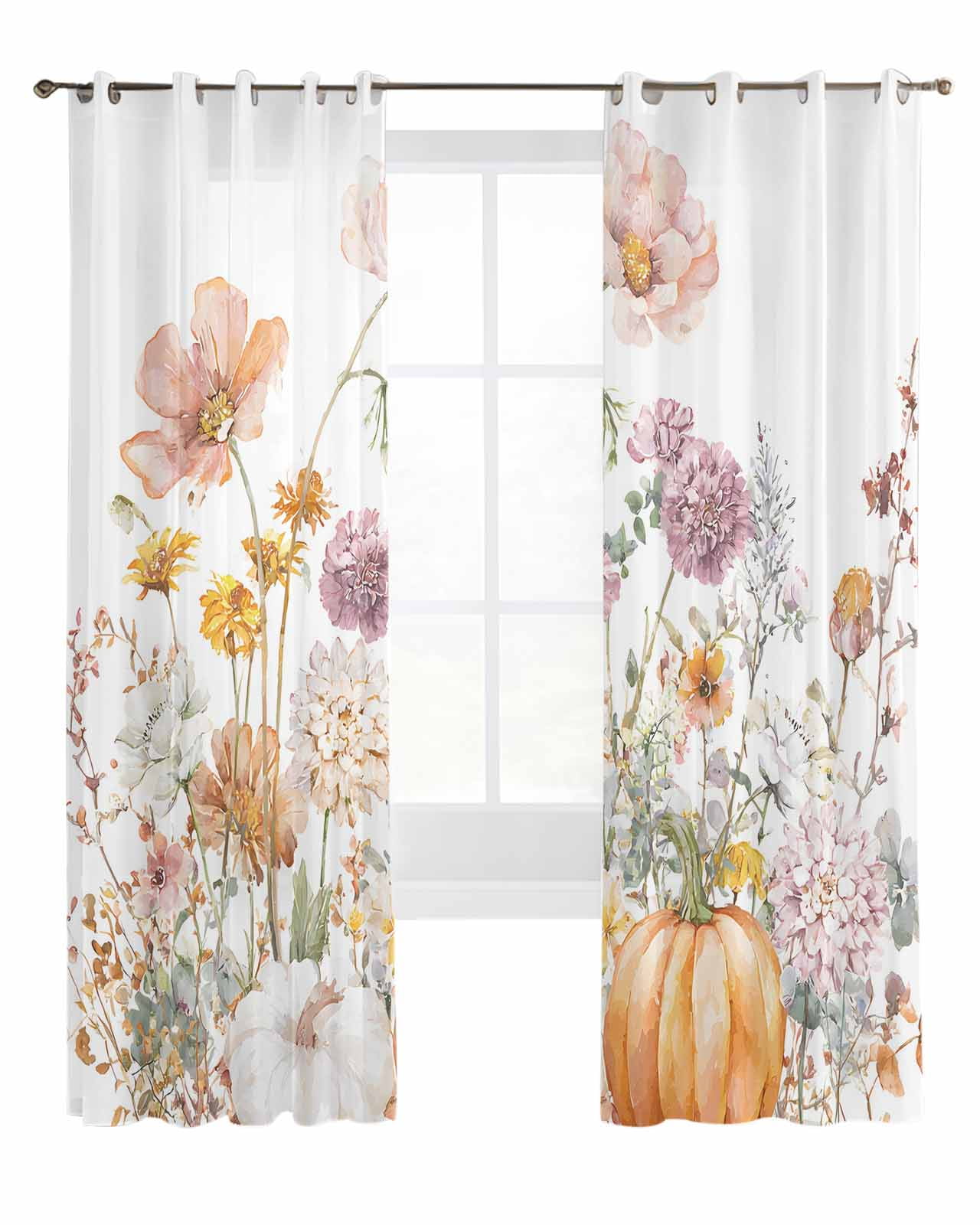 Fall Flower Sheer Curtains 84 Inch Length 2 Panels Thanksgiving Pumpkin ...