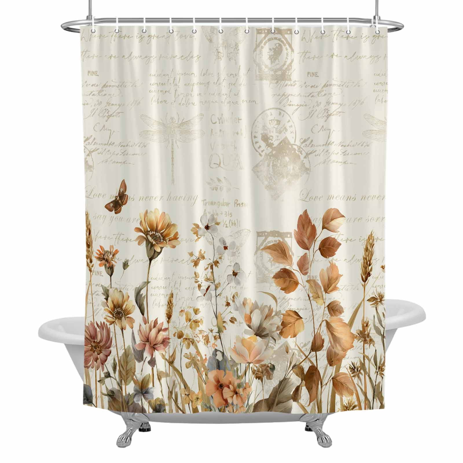 Fall Flower Shower Curtain for Bathroom, Butterfly Dragonfly Leaf ...