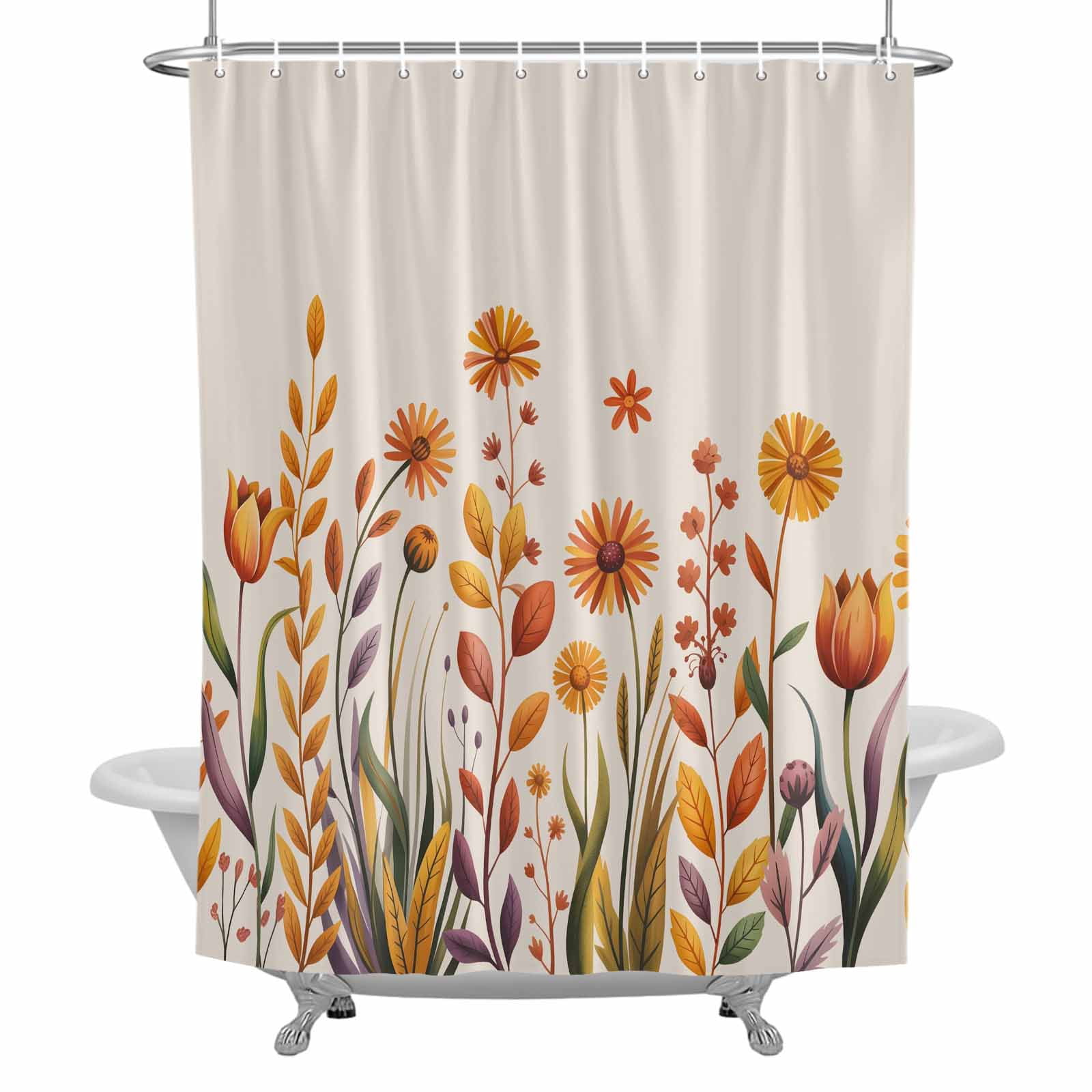 Fall Flower Shower Curtain for Bathroom, Watercolor Wild Floral Leaf ...