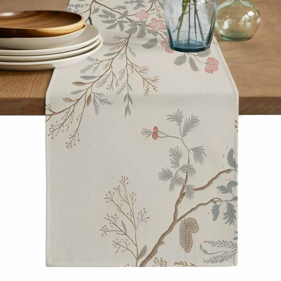 Fall Flower Table Runner, Vintage Autumn Bird Floral Tree Leaf Plant ...