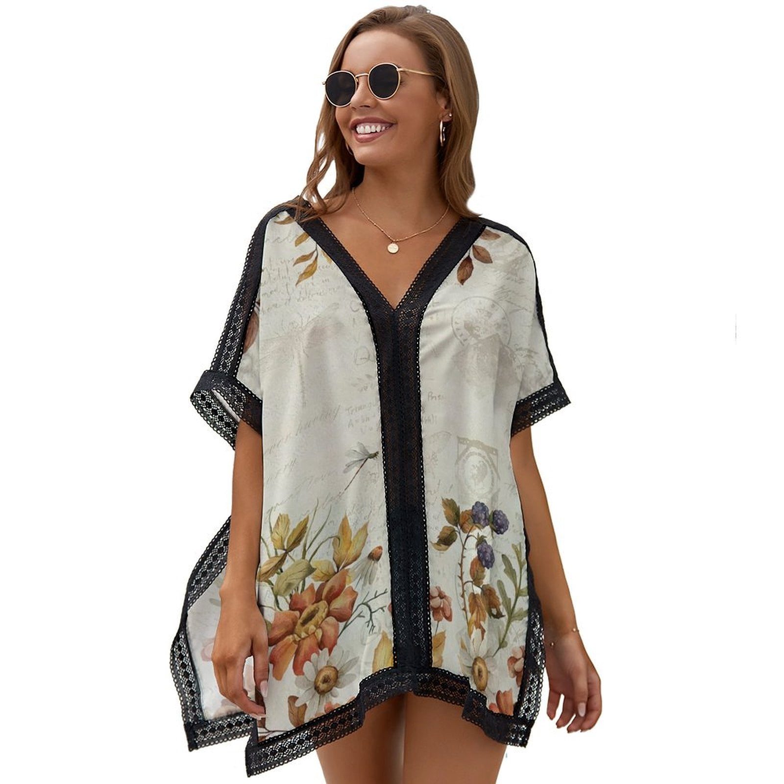 Fall Flowers Leaves Butterfly Dragonfly Oil Painting Beach Cover Ups ...