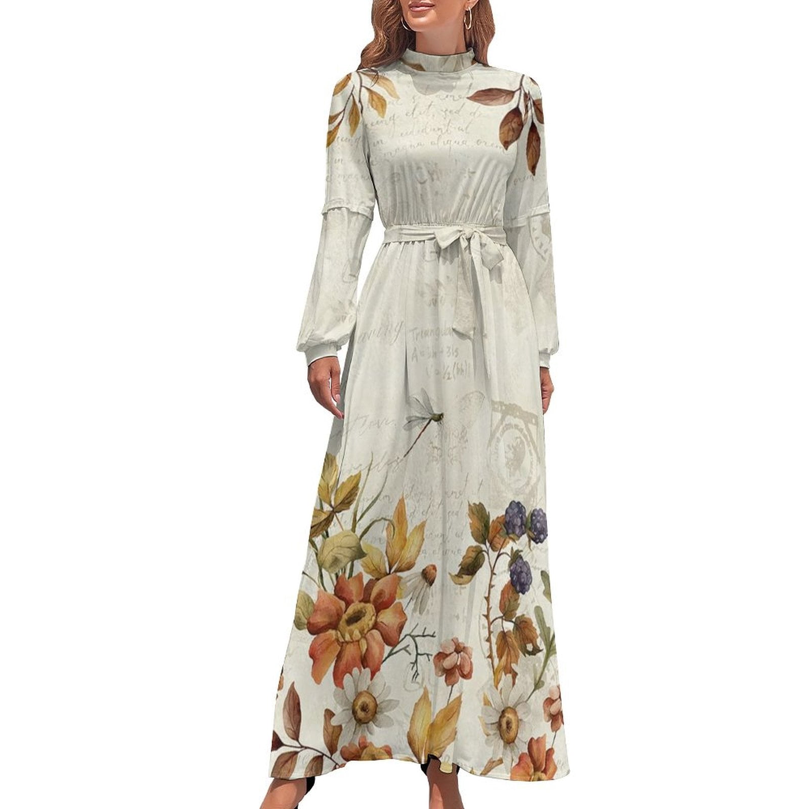 Fall Flowers Leaves Butterfly Dragonfly Oil Painting Long Dress Women's ...