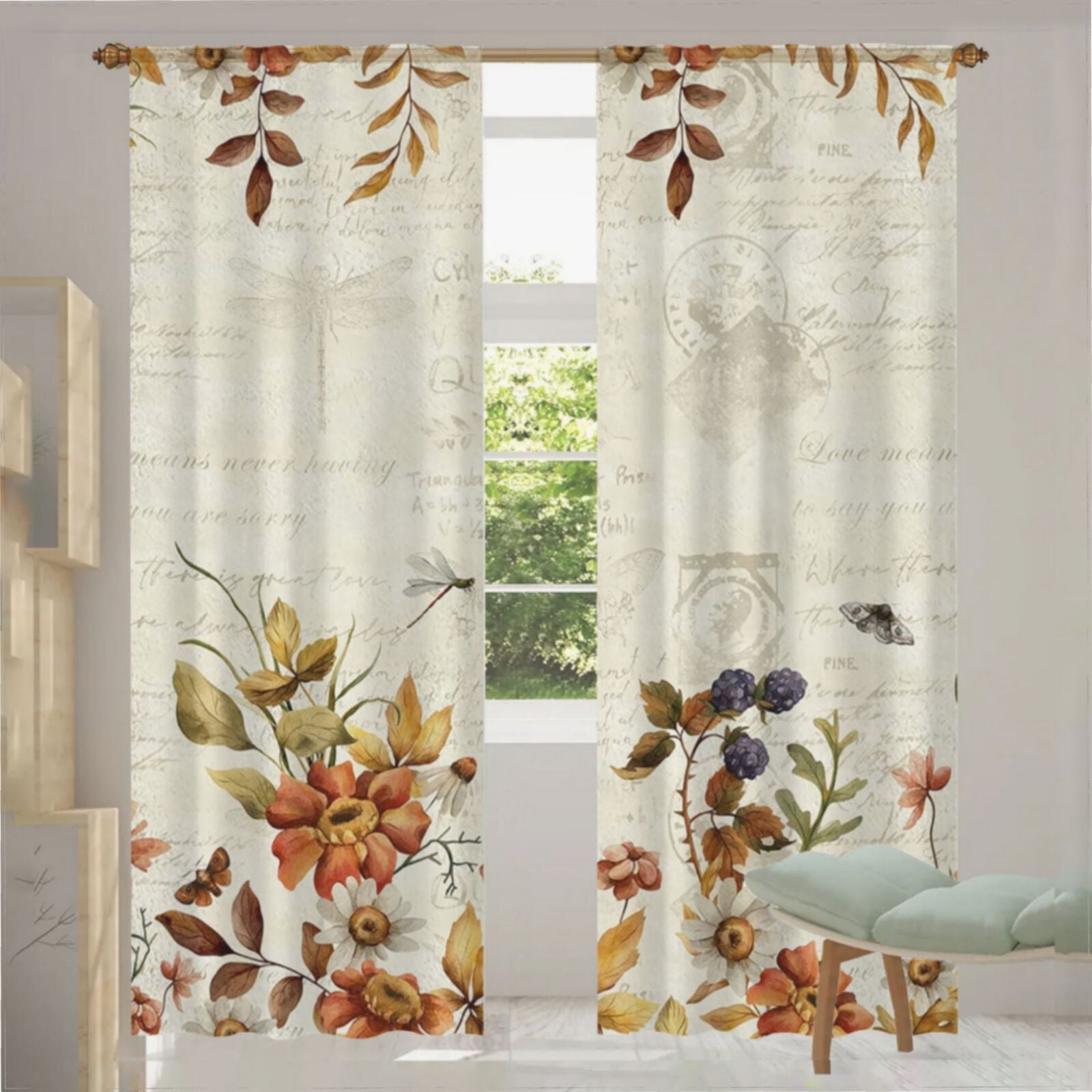 Fall Flowers Leaves Butterfly Dragonfly Oil Painting Tulle Sheer Window ...