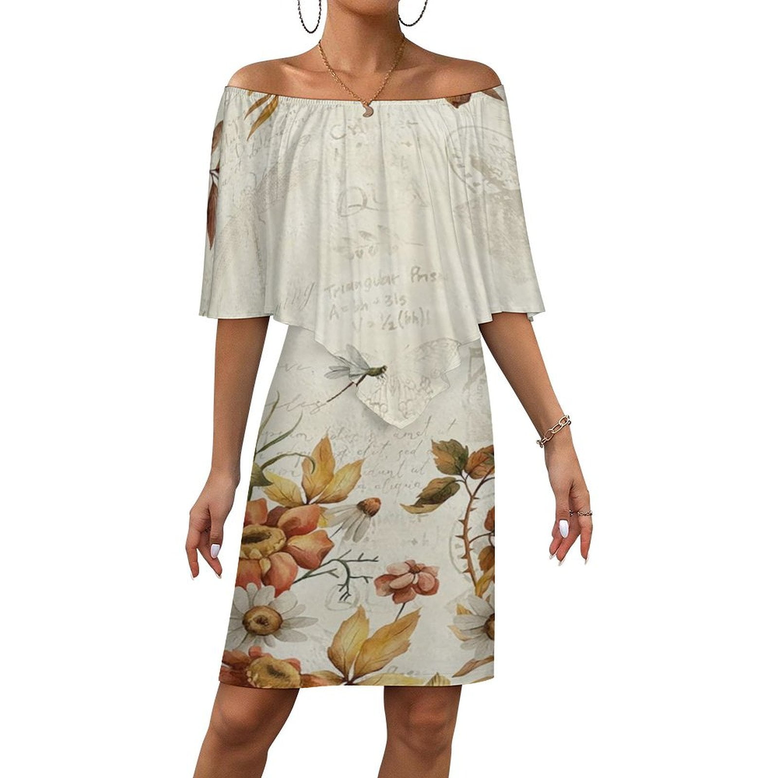 Fall Flowers Leaves Butterfly Dragonfly Oil Painting Women's Off The ...