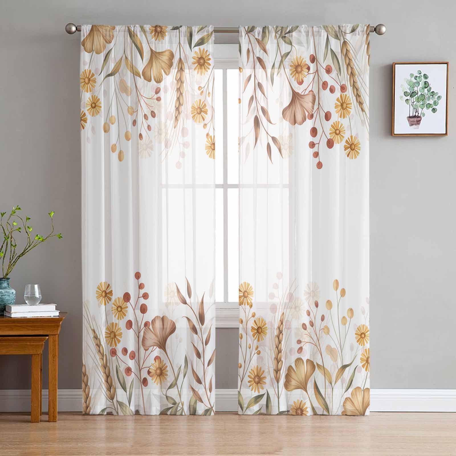 Fall Flowers Sheer Curtains 84 Inches Long 2 Panels Set, Window Sheer ...