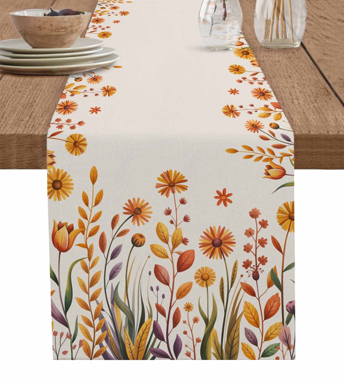 Fall Flowers Table Runner 72 Inches, Country Watercolor Floral Herbs ...