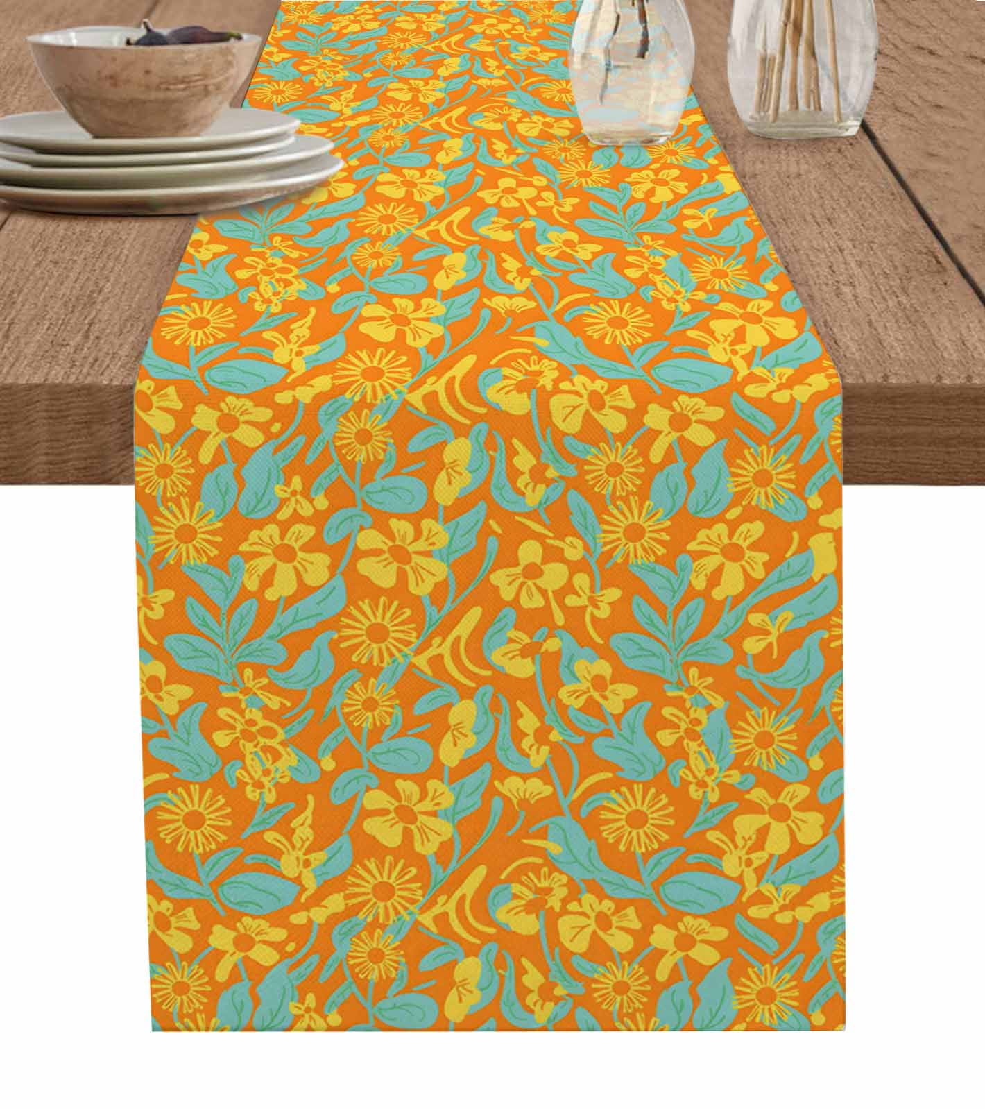 Fall Flowers Table Runner Orange Farmhouse Flowers Leaves Ethnic Tablerunners 13 x 60 Inch ...