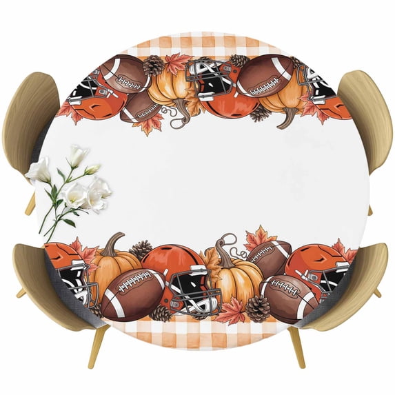 Fall Football Pumpkin Round Tablecloth, Fitted Table Cover with Elastic ...
