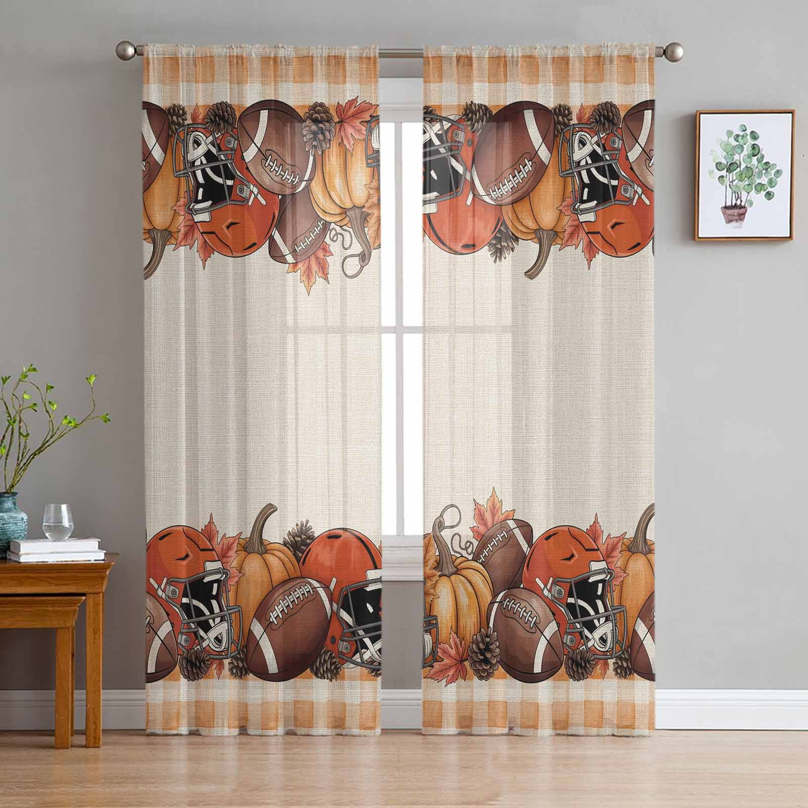 Fall Football Pumpkin Sheer Curtains 63 Inches Length 2 Panels Set ...
