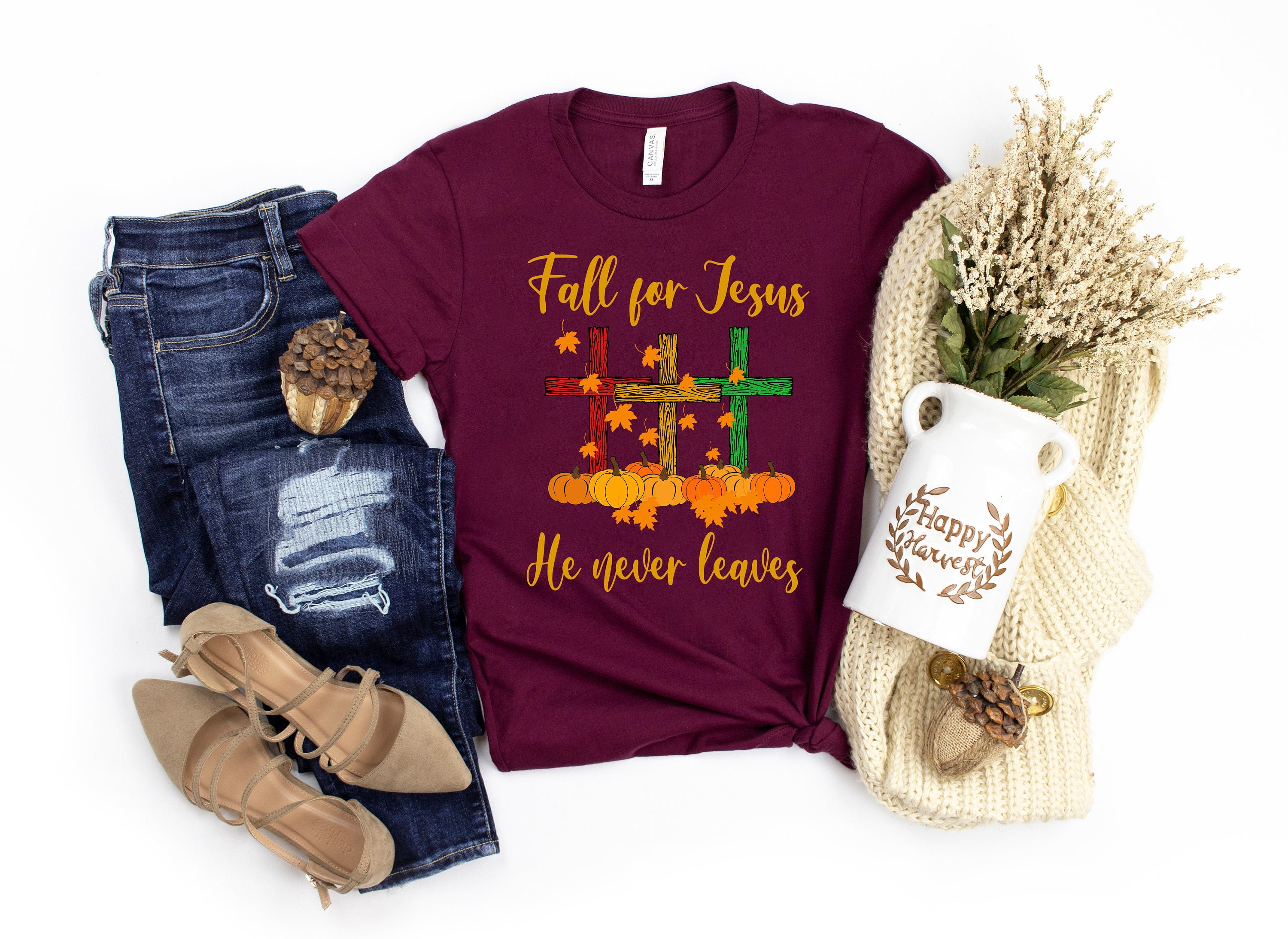 Fall For Jesus He Never Leaves Shirt Fall For Jesus Thanksgiving Shirt ...