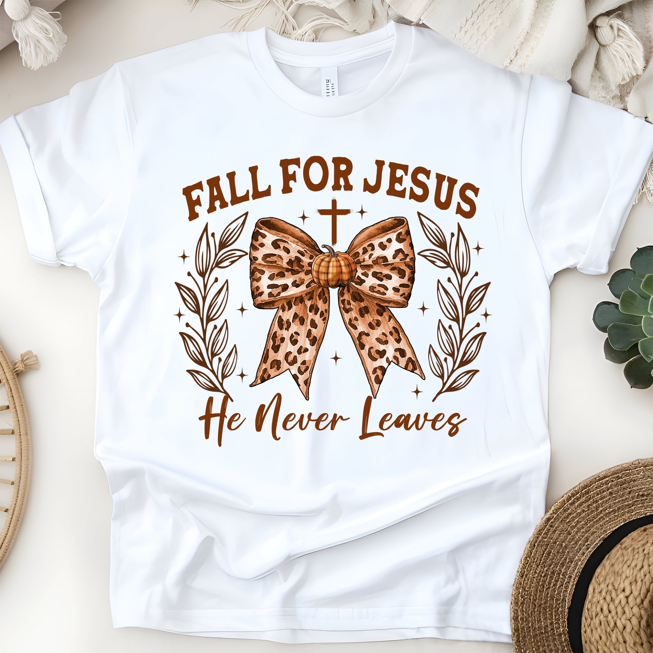 Fall For Jesus Shirt Leopard Bow Christian Autumn Faith Graphic Tee ...