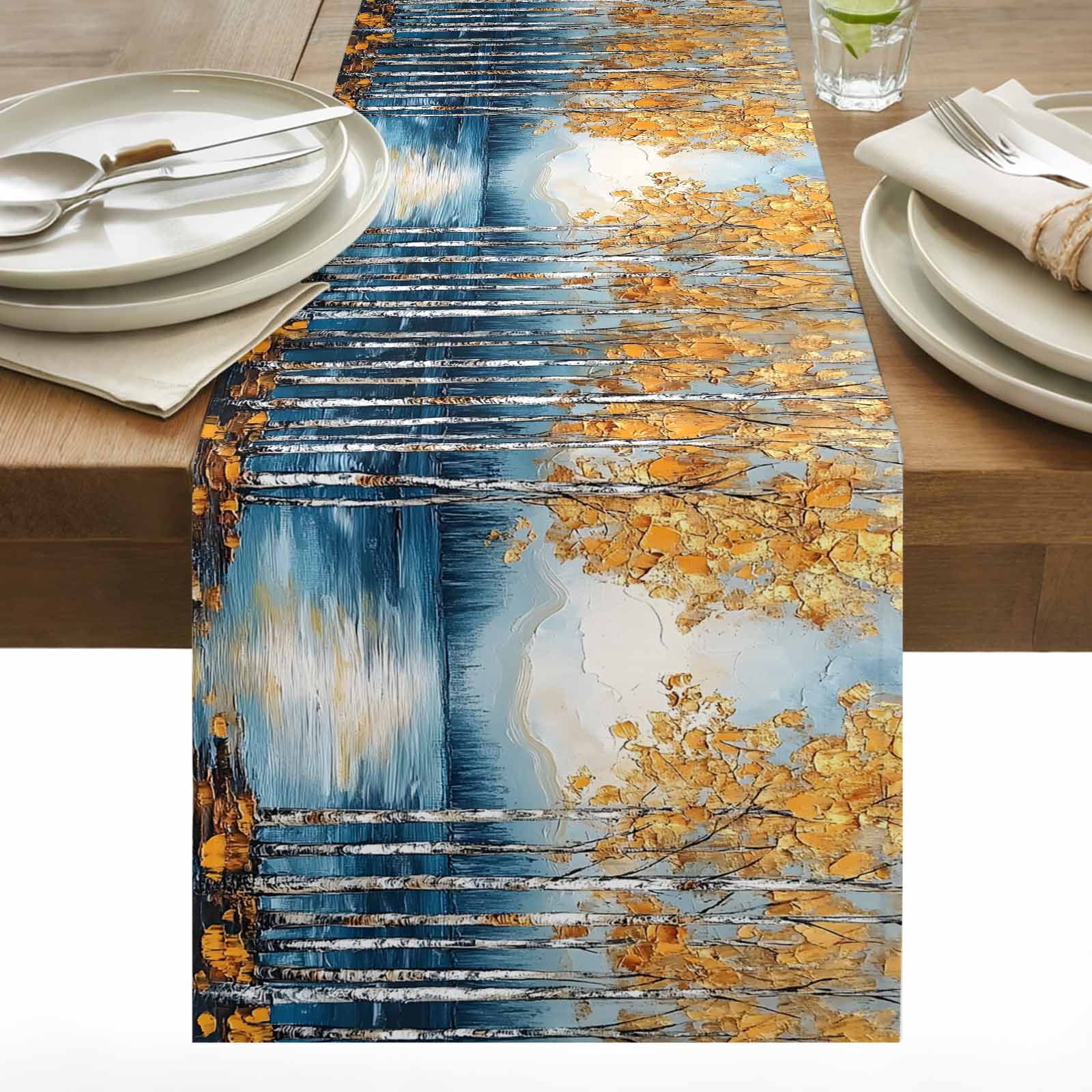 Fall Forest Cotton Linen Table Runner Oil Painting Yellow Tree Leaf ...