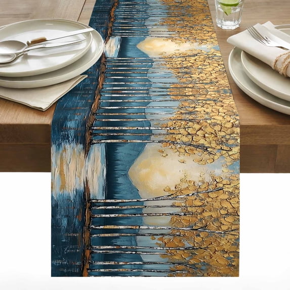 Fall Forest Cotton Linen Table Runner Oil Painting Yellow Tree Leaf ...