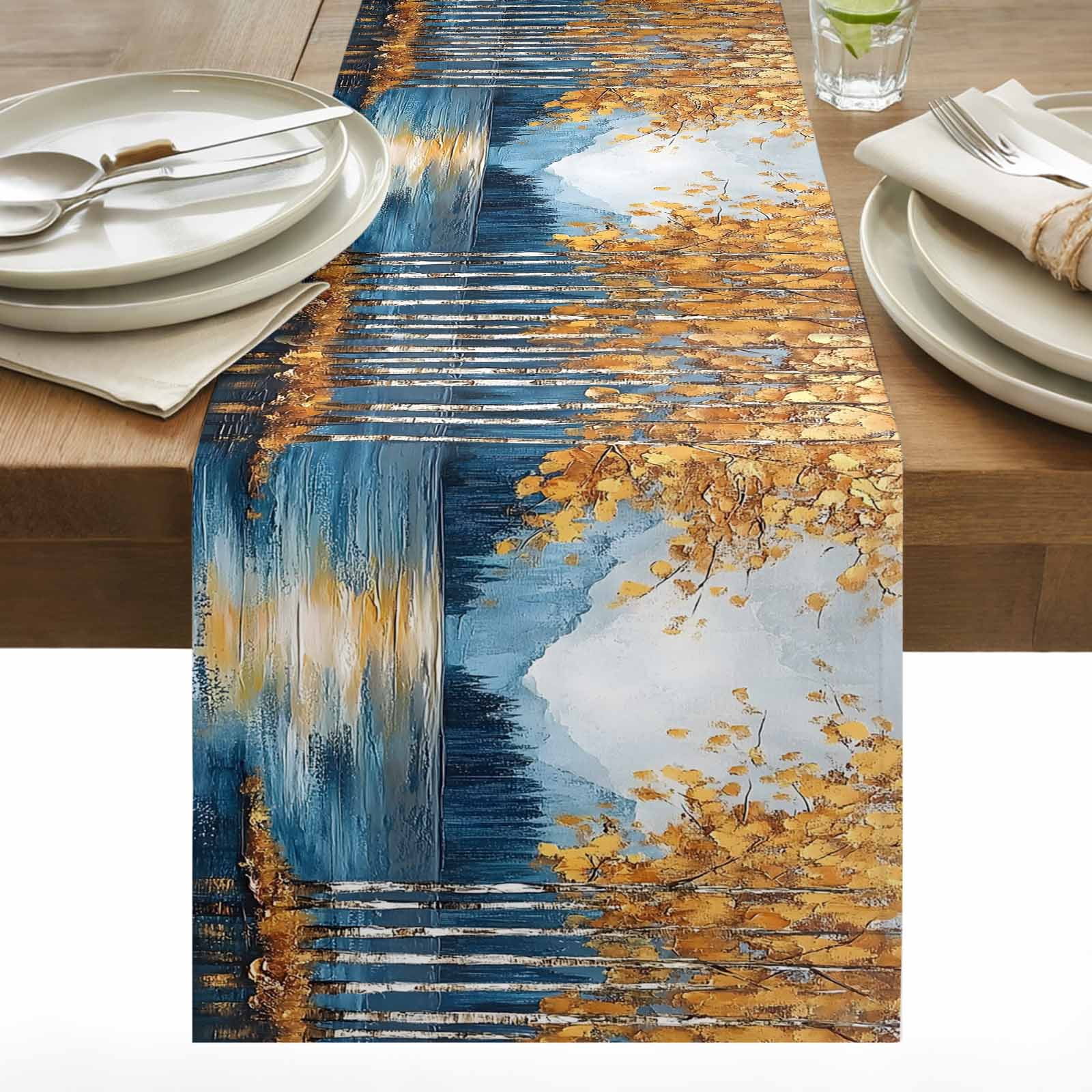 Fall Forest Cotton Linen Table Runner Oil Painting Yellow Tree Leaf ...
