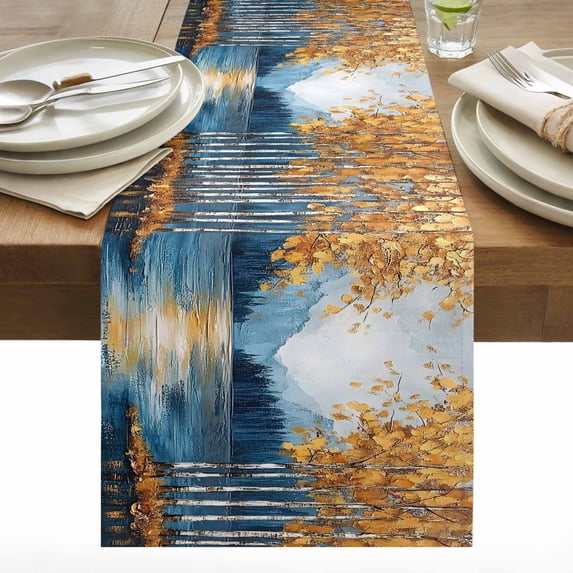 Fall Forest Cotton Linen Table Runner Oil Painting Yellow Tree Leaf ...
