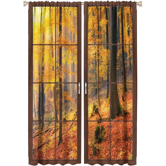 Fall Forest Curtains Rustic Autumn Nature Scenery Trees Yellow Leaves ...