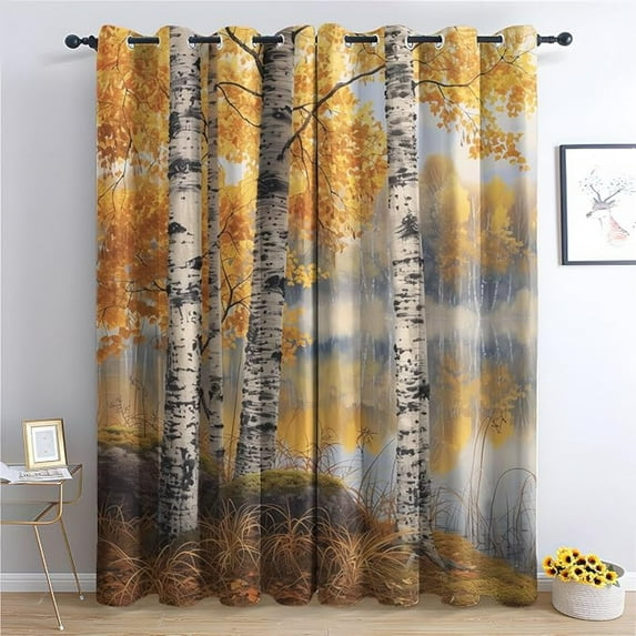 Fall Forest Curtains Set, Autumn Birch Tree Patterned Blackout Curtains ...