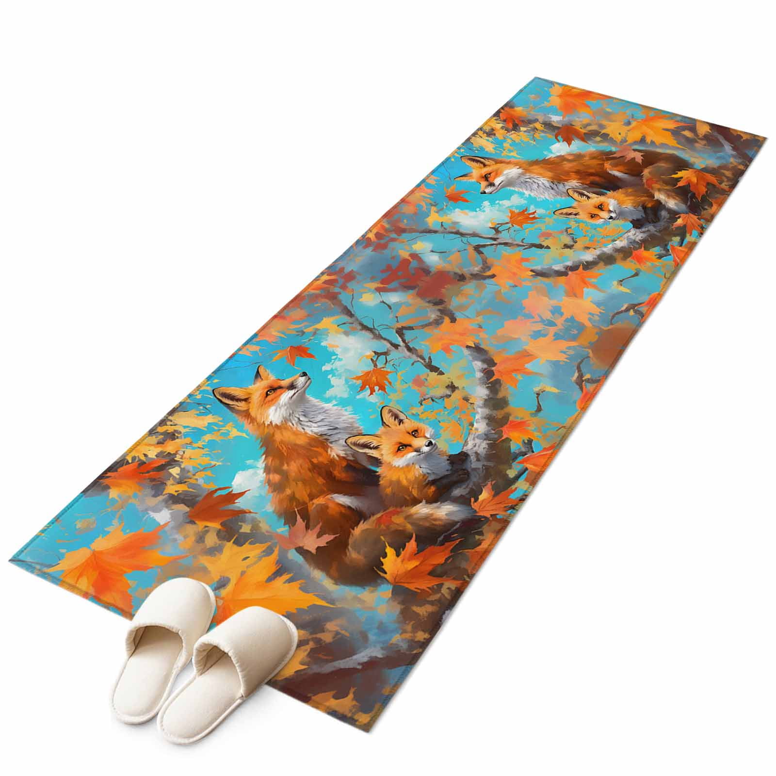 Fall Forest Fox 2'x6' Runner Rug, Fall Orange Red Autumn Maple Leaves ...