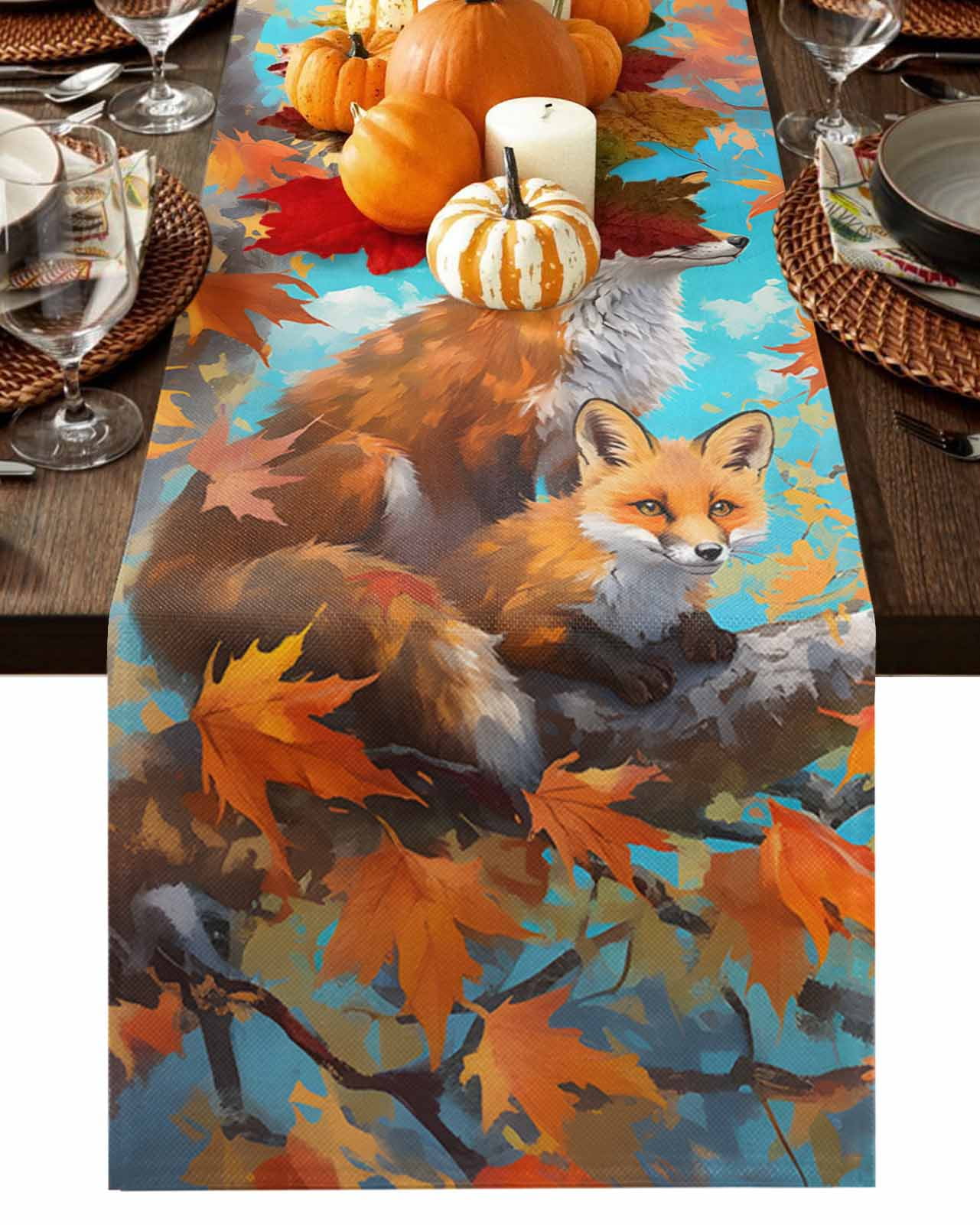Fall Forest Fox Table Runner-Cotton Linen- 48 Inch Holiday Dresser ...