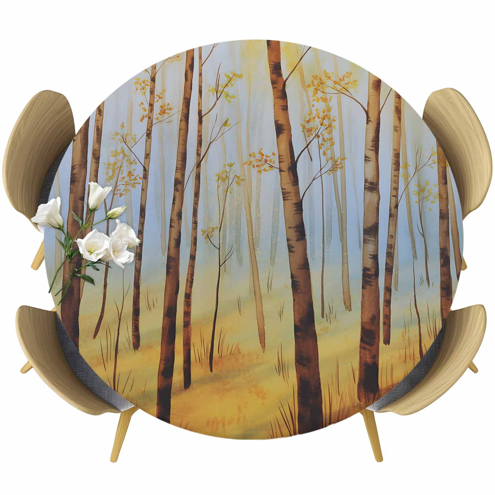 Fall Forest Round Tablecloth, Fitted Table Cover with Elastic for 55 ...