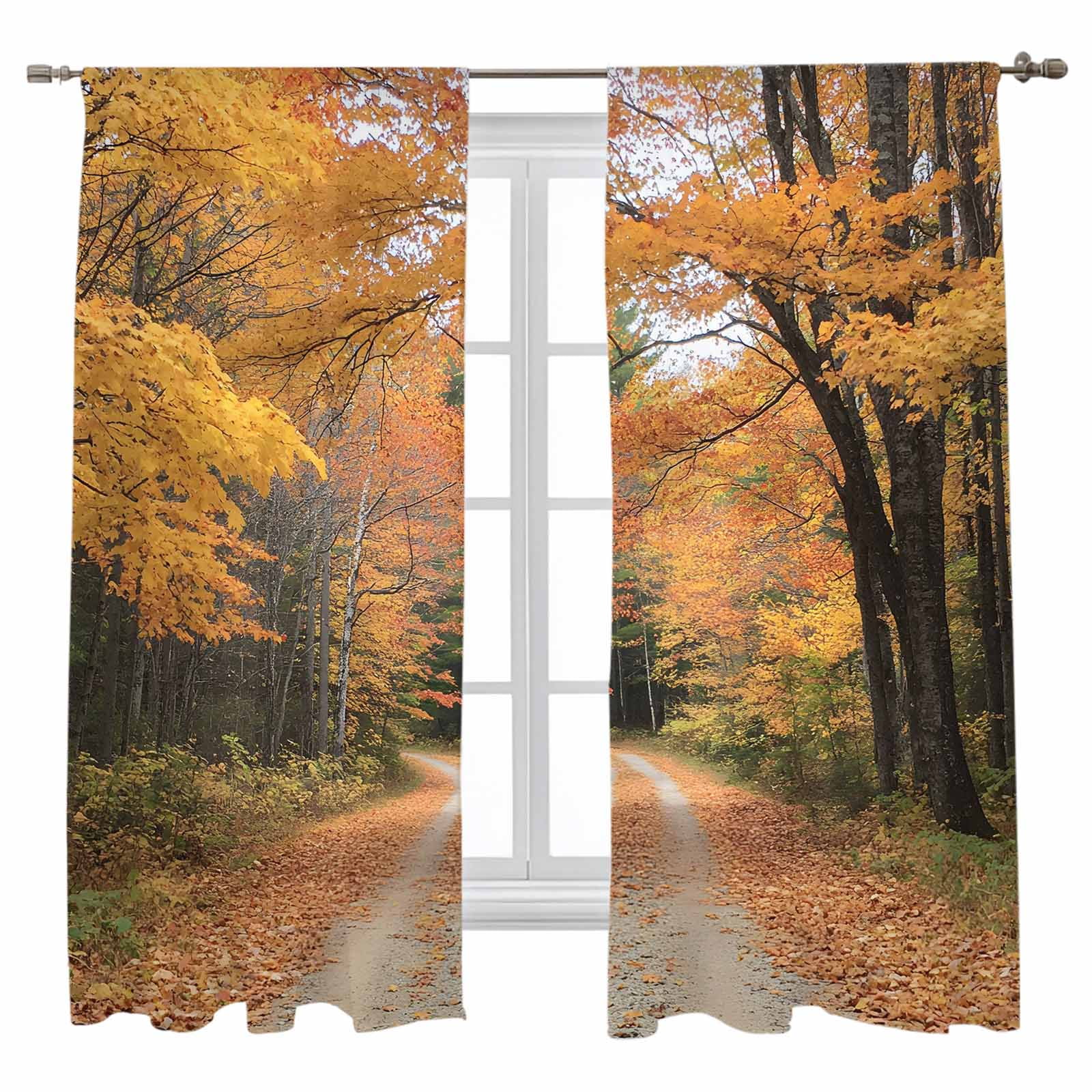 Fall Forest Sheer Curtains 63 inches Long, Golden Fallen Leaves Maple ...