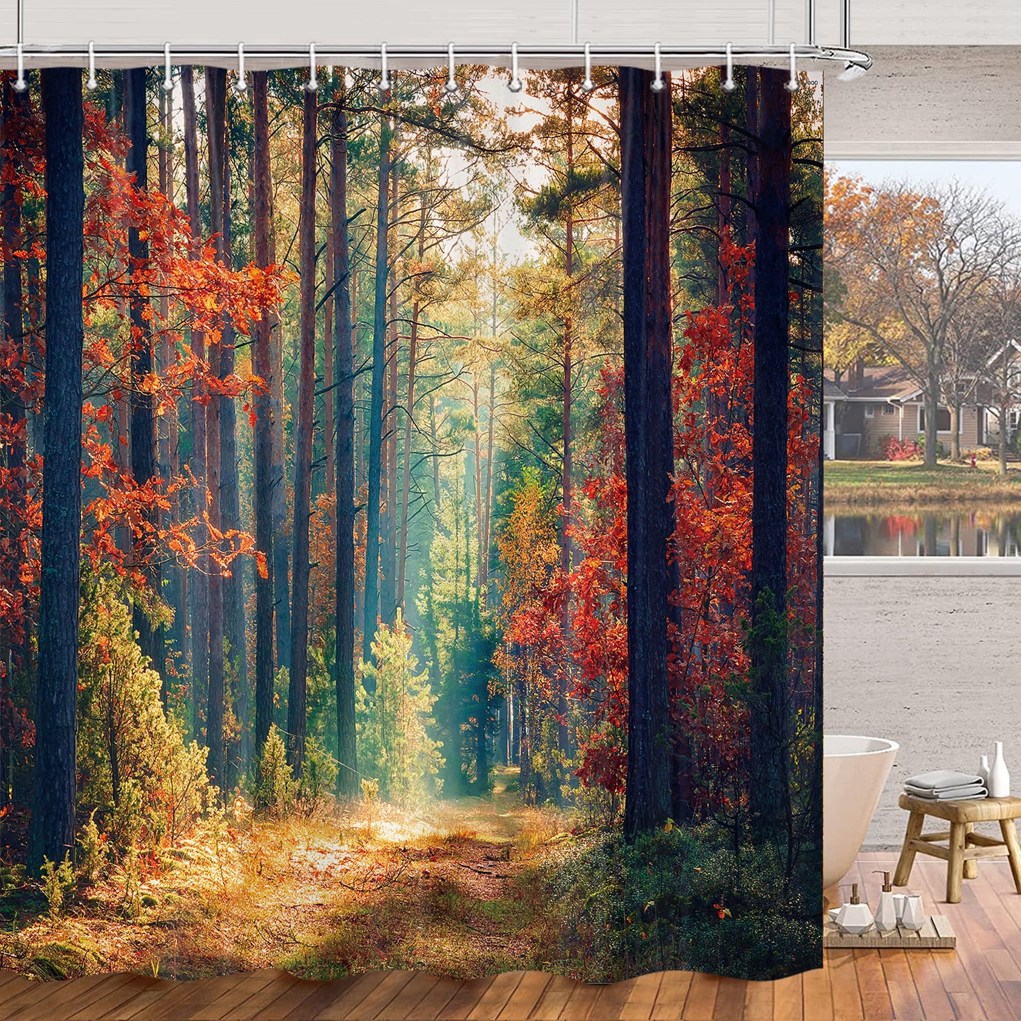 Fall Forest Shower Curtain, Autumn Season Theme Red Yellow Tree Nature ...