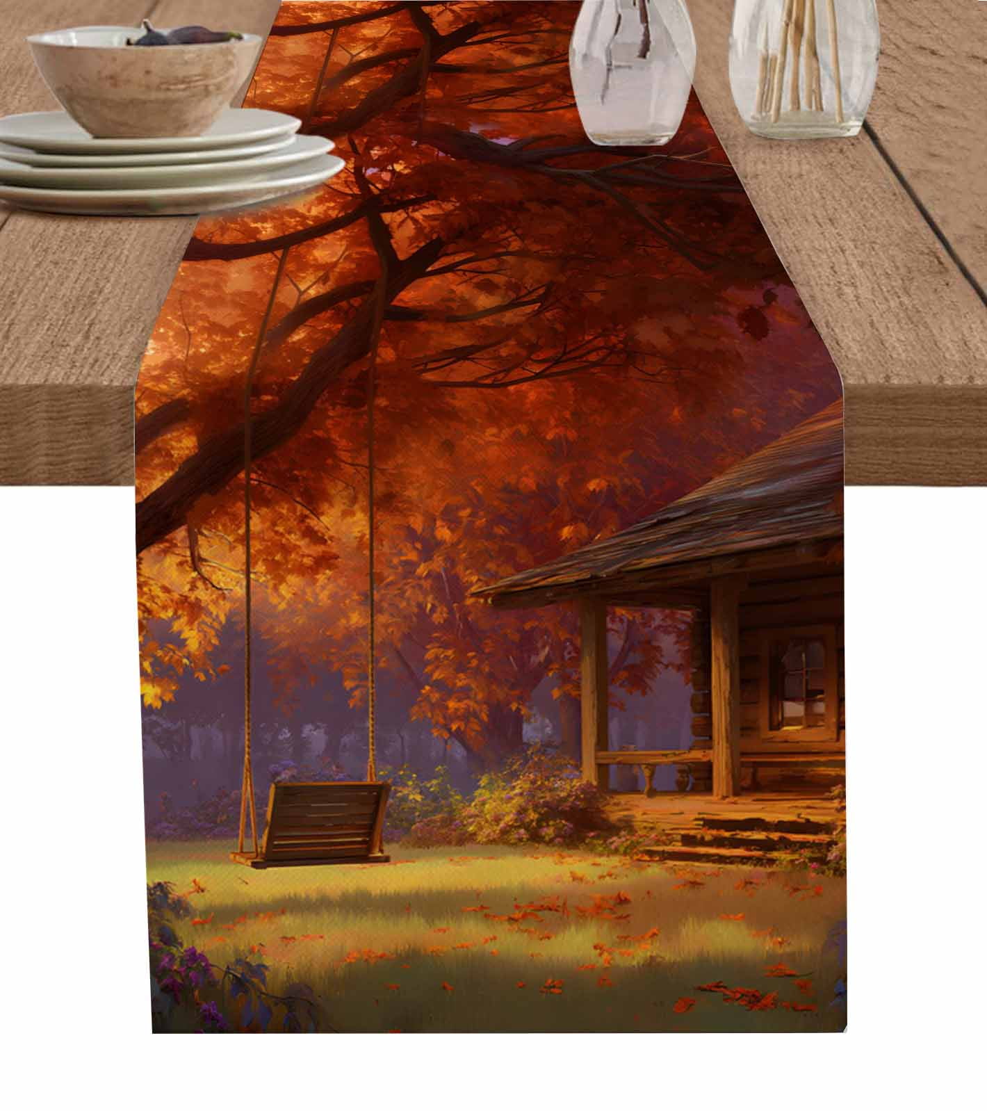 Fall Forest Table Runner 108 Inches, Farmhouse Red Trees Cabin Nature ...