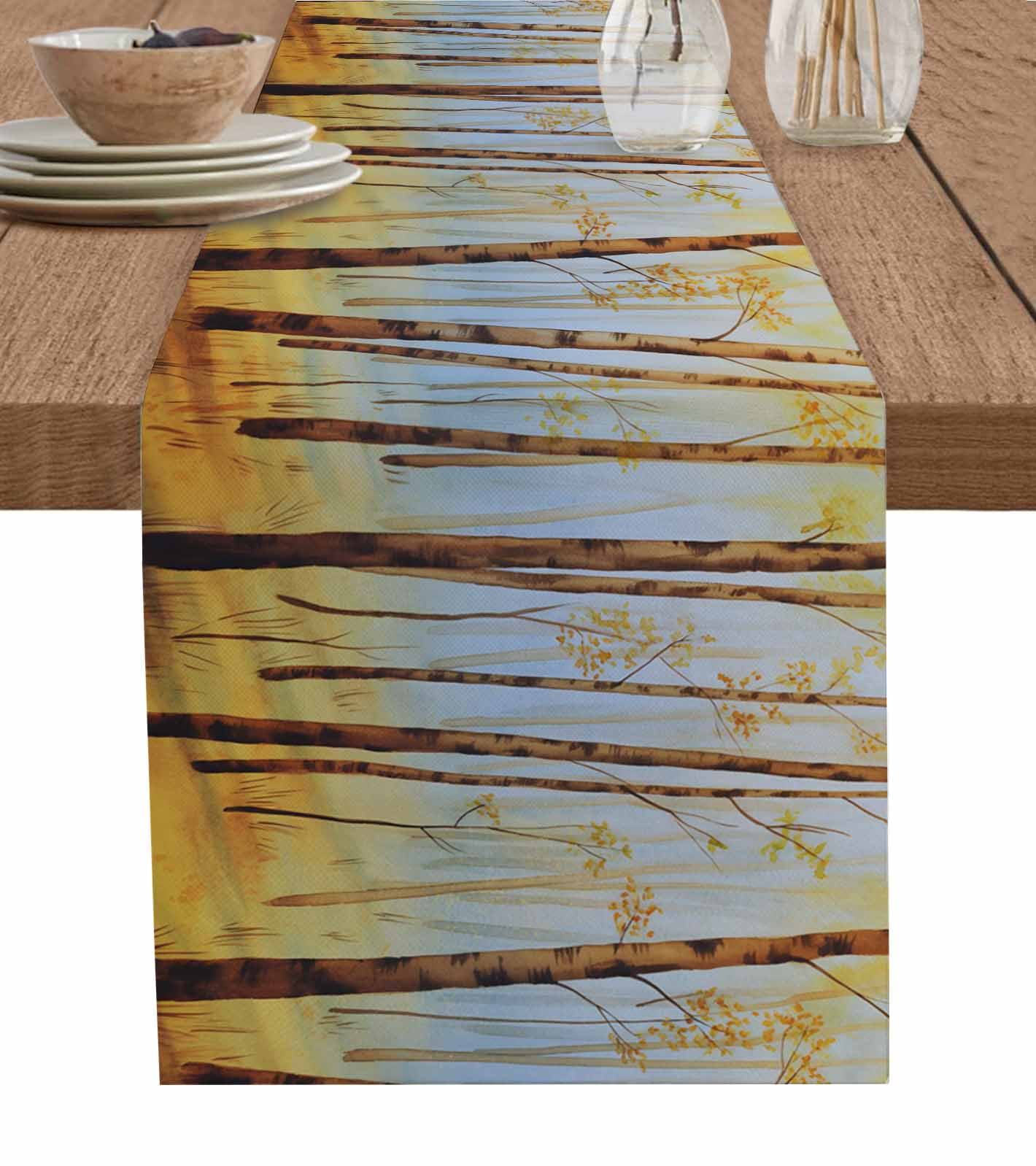 Fall Forest Table Runner 108 Inches, Retro Autumn Nature Trees Fog ...