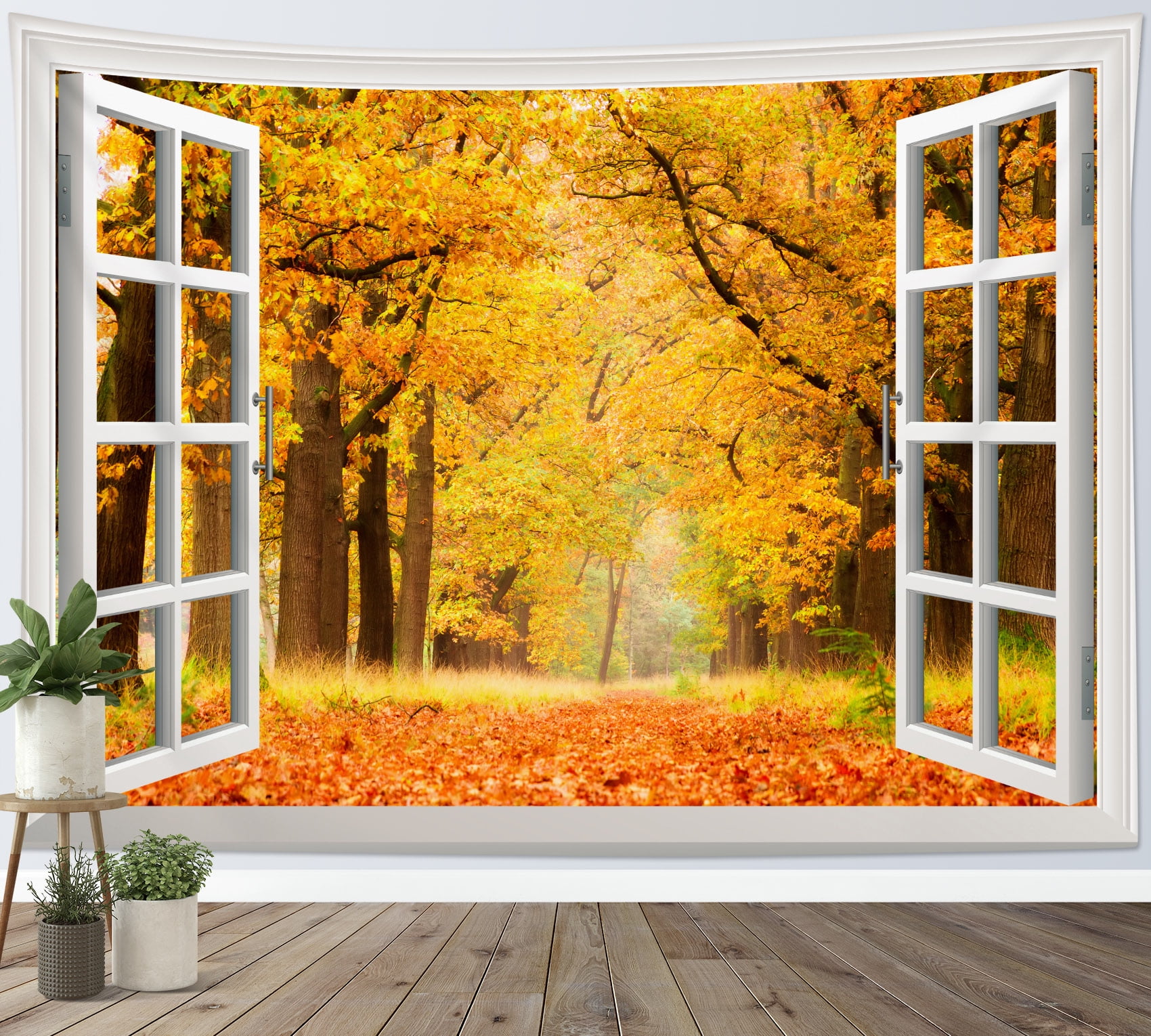 Fall Forest Tapestry Wall Hanging Orange Maple Leaf and Tree Outside ...