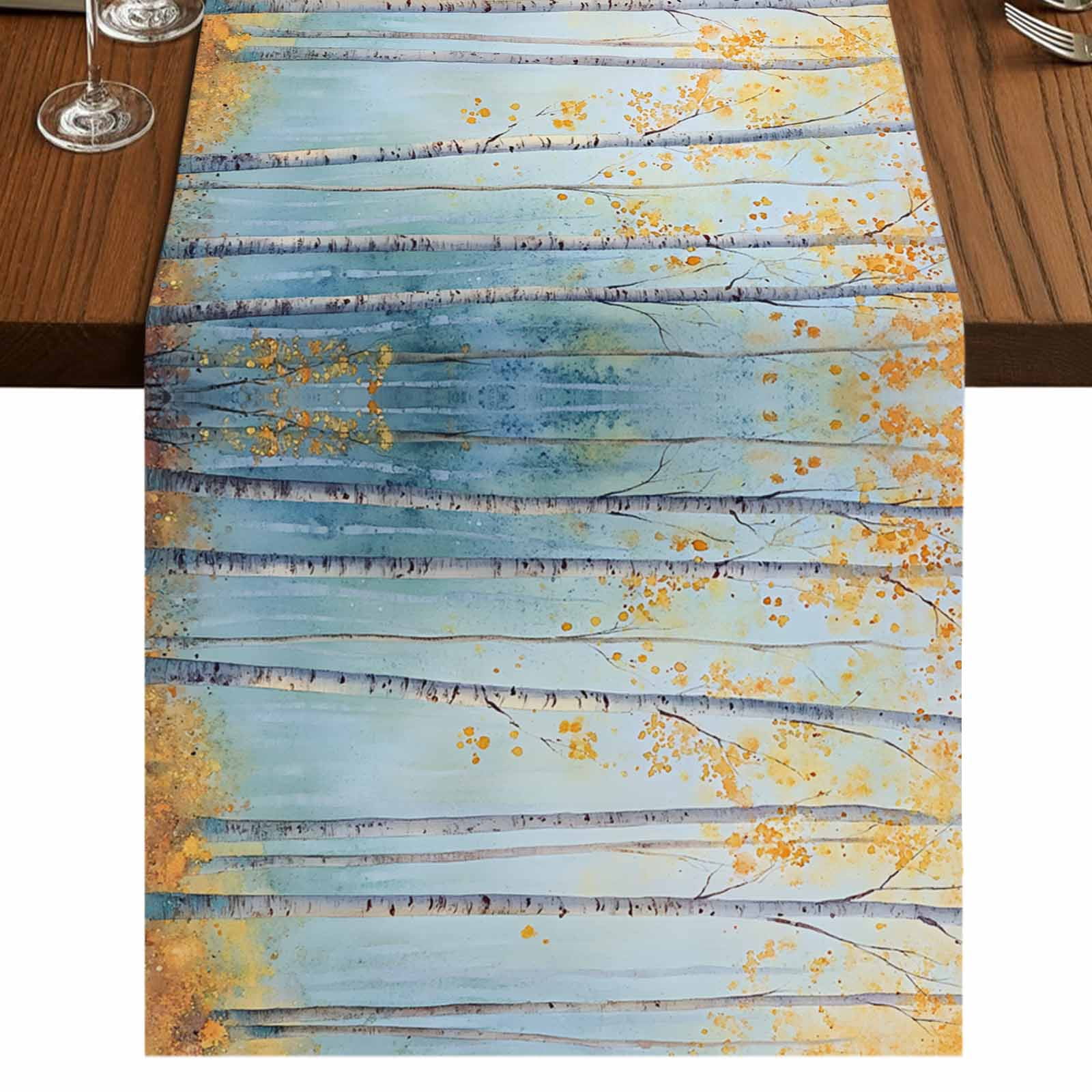 Fall Forest Tree 120 Inch Table Runner, Retro Trunk Leaves Orange Blue ...