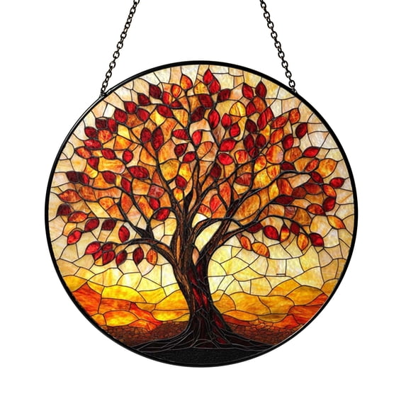 Fall Forest Tree Faux Stained Glass Style Suncatcher Panel, Decorative ...