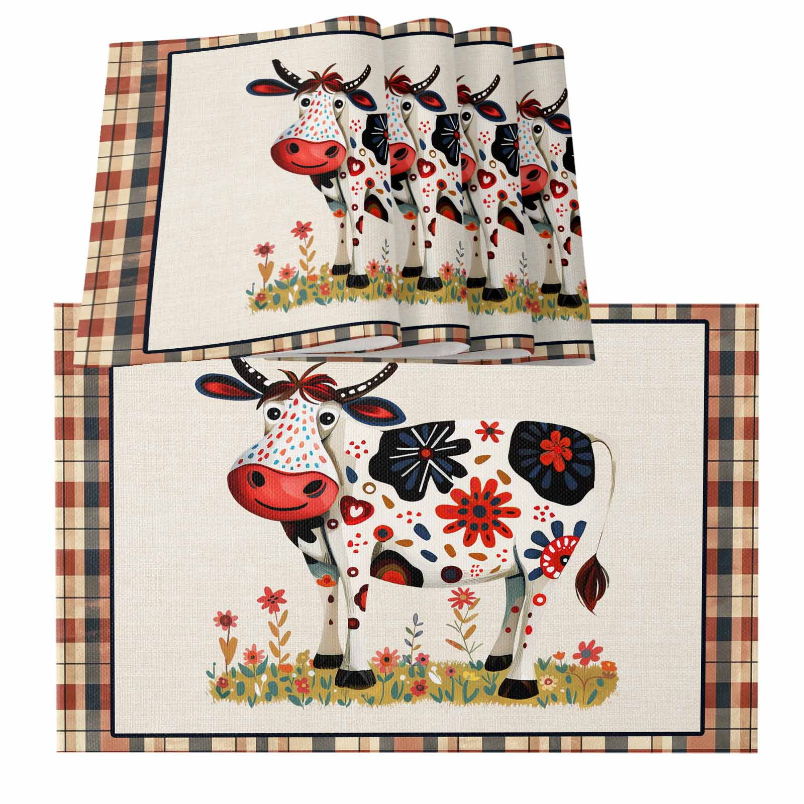 Fall Funny Cow Placemats for Dinning Table Set of 6, Farm Animal Flower ...