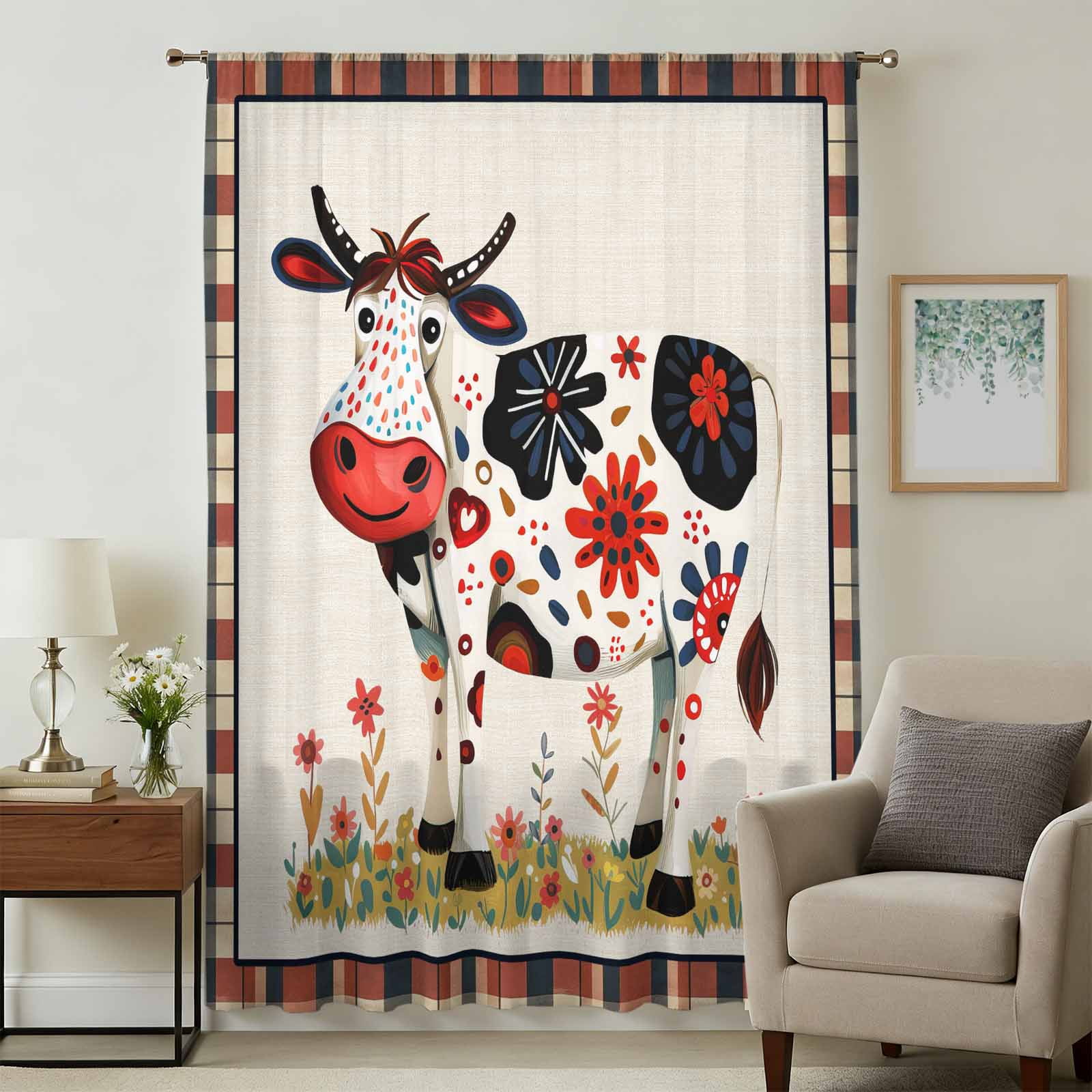 Fall Funny Cow Sheer Curtains 63 Inches Long, Farm Animal Flower Leaves ...