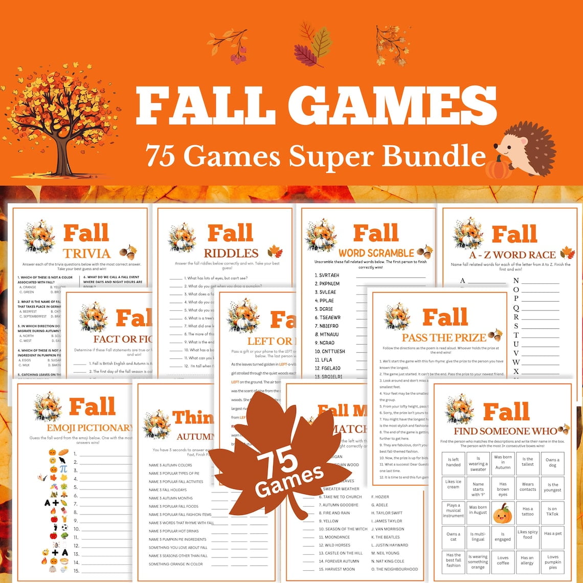 Fall Games Bundle 75-Game Super Pack, Fun Autumn Trivia, Riddles, and ...