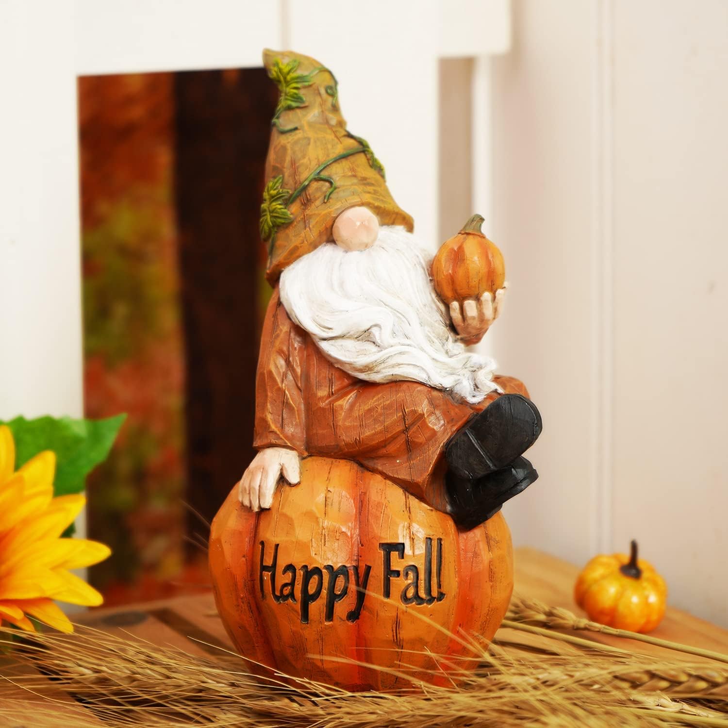 Fall Garden Gnome Figurine Sitting on Pumpkin Statue Autumn Harvest ...