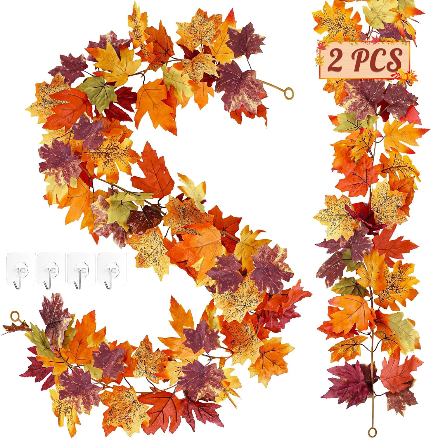 Fall Garland, 2 Pack 11.8 FT Fall Leaf Garland with 4 Hooks, Artificial ...