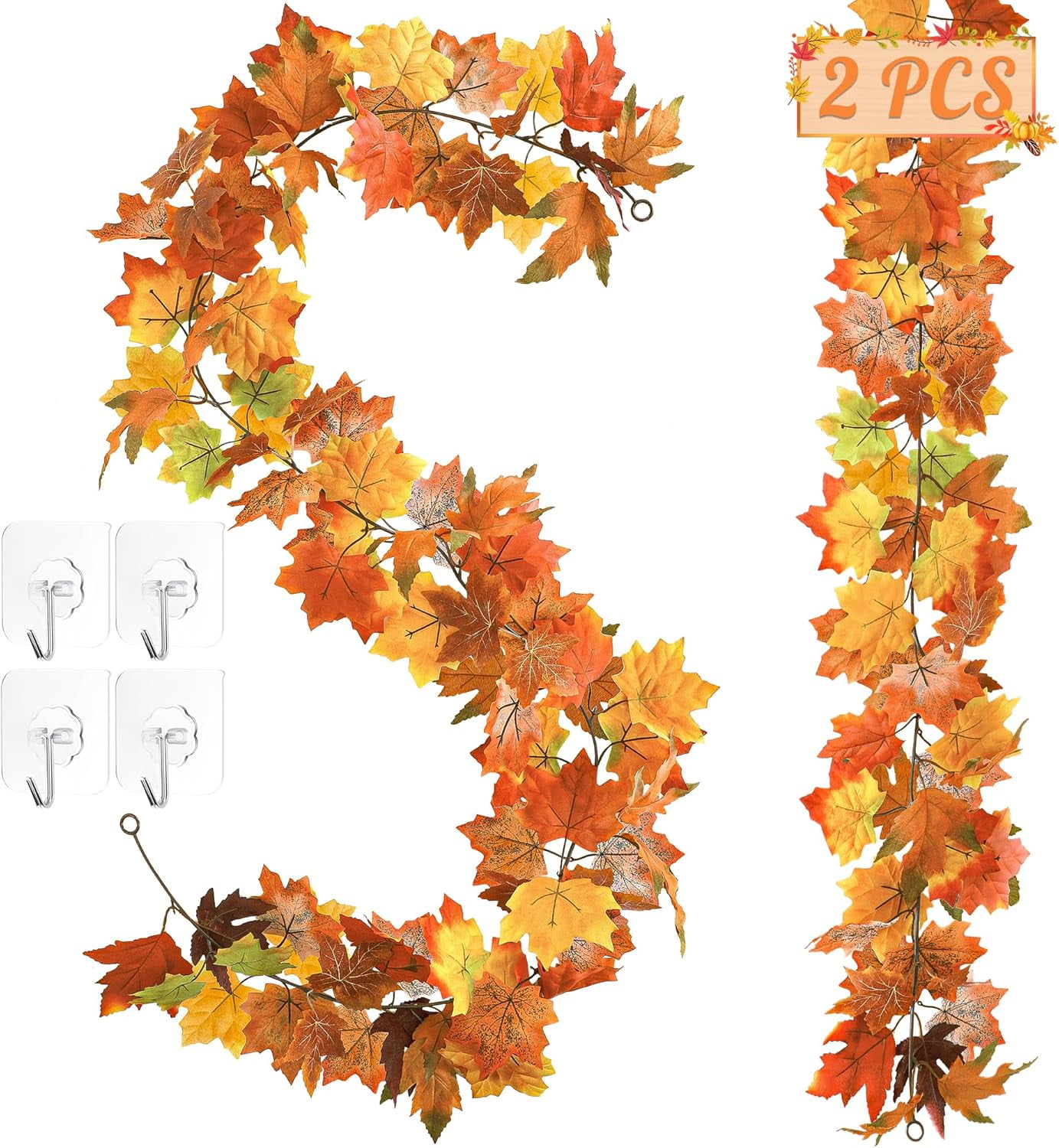 Fall Garland, 2 Pack 11.8 FT Fall Leaf Garland with 4 Hooks, Artificial ...