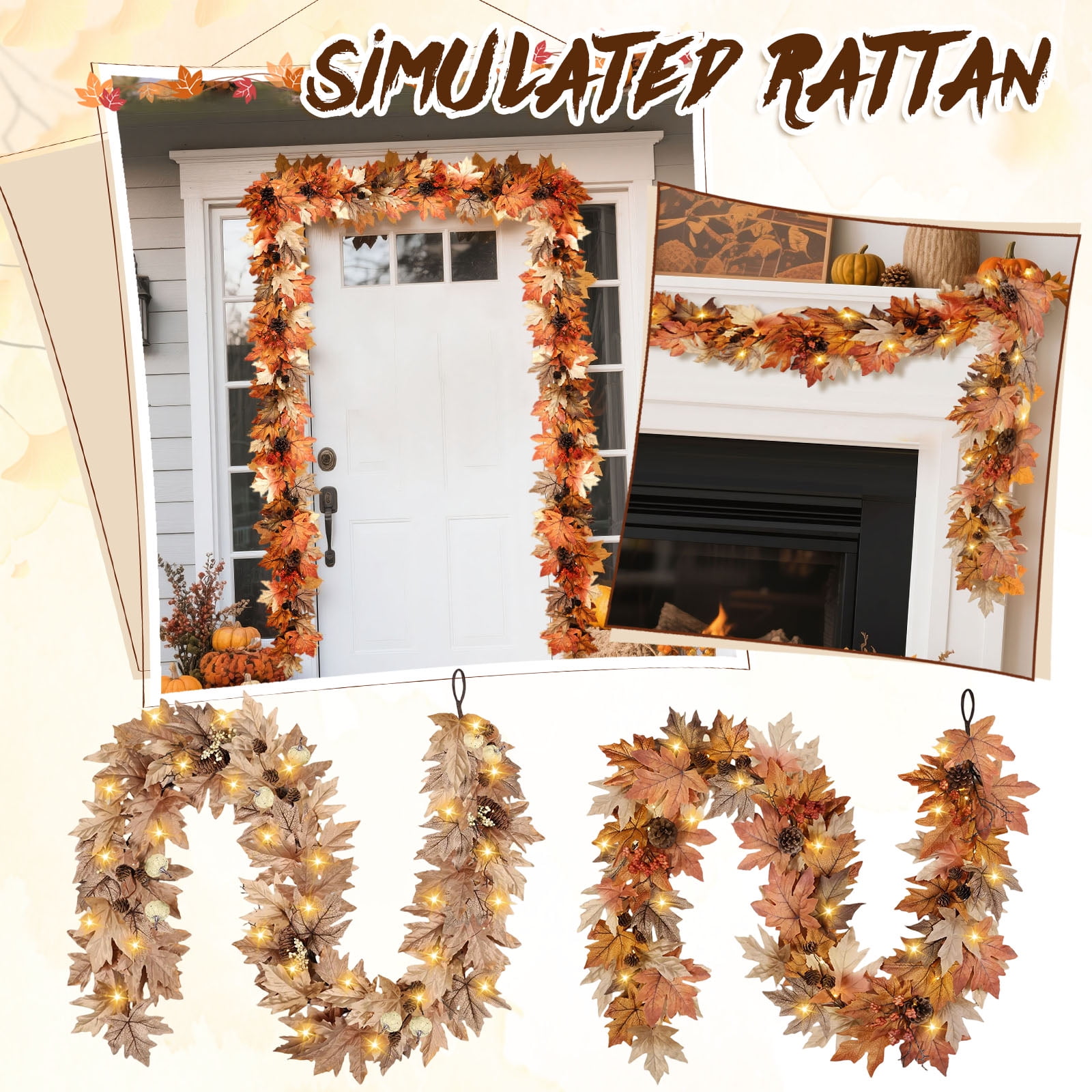 Fall Garland with Lights Timer Function Autumn Fall Leaves Garland with ...